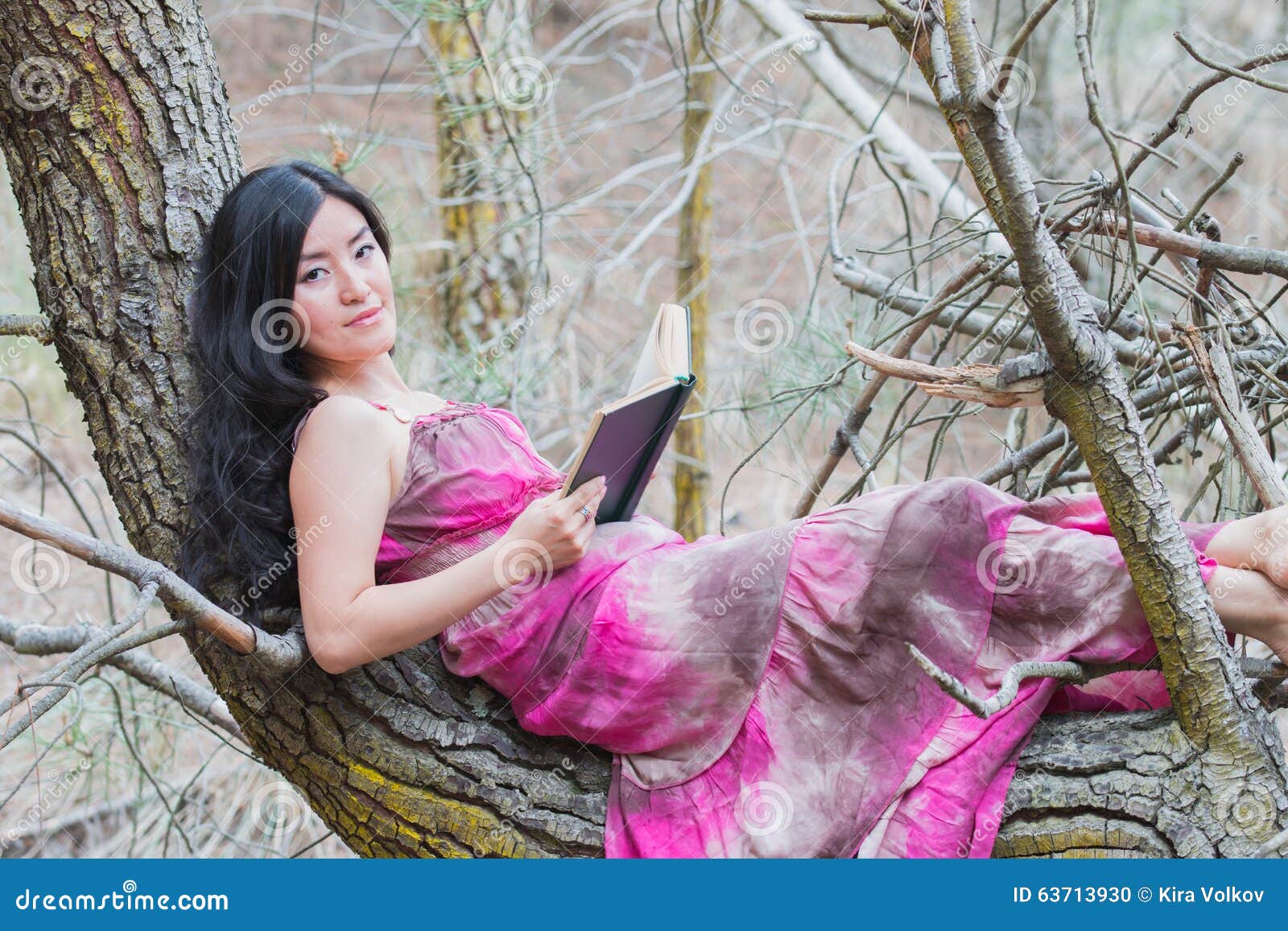 Young Beautiful Woman Lying on a Branch of a Tree with Book Stock Photo ...