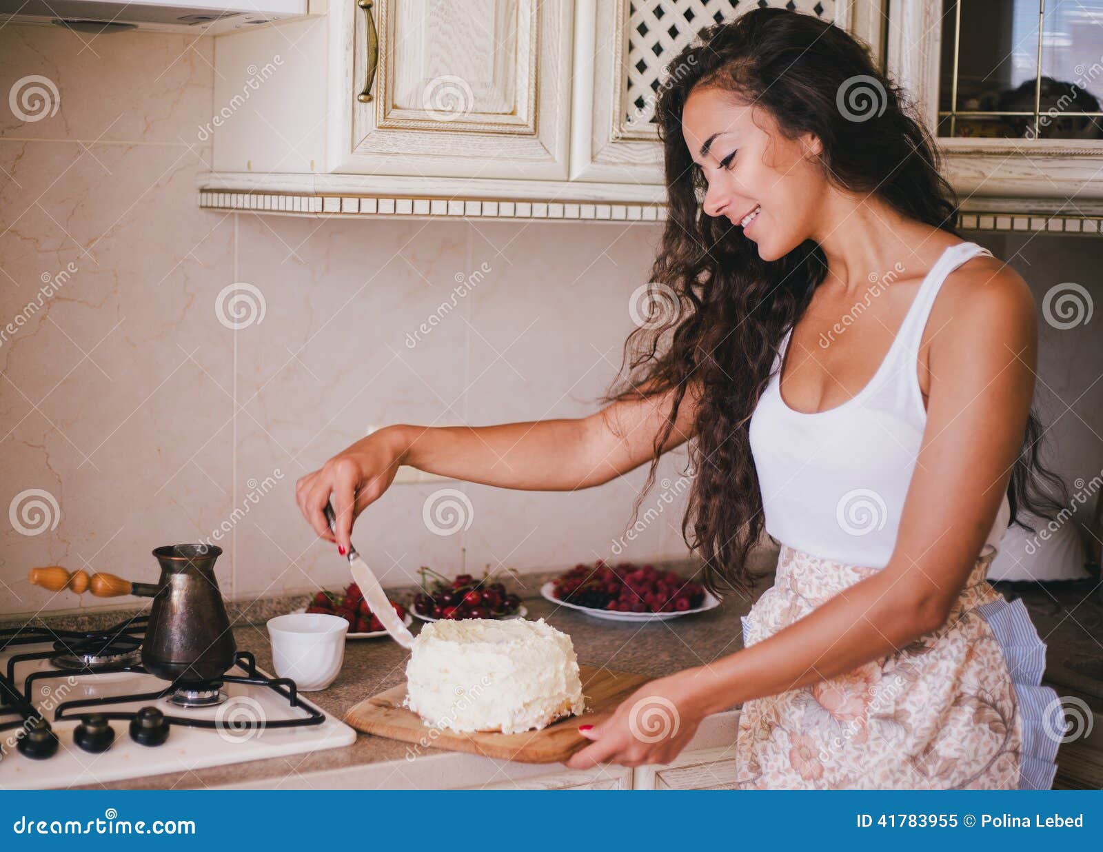 Young Beautiful Woman Making Cake at the Kitchen Stock Image - Image of ...