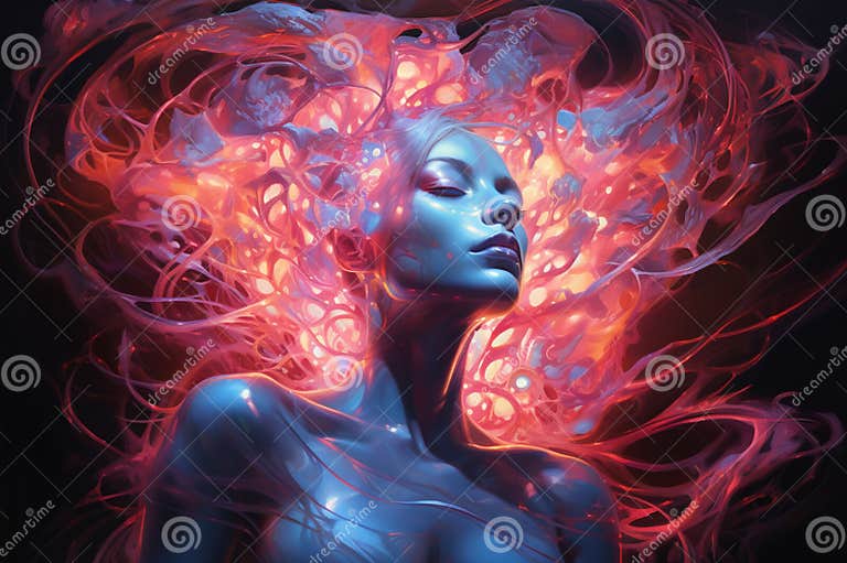 Young Beautiful Woman With Neural Network Artificial Intelligence Illustration Generative Ai 2549