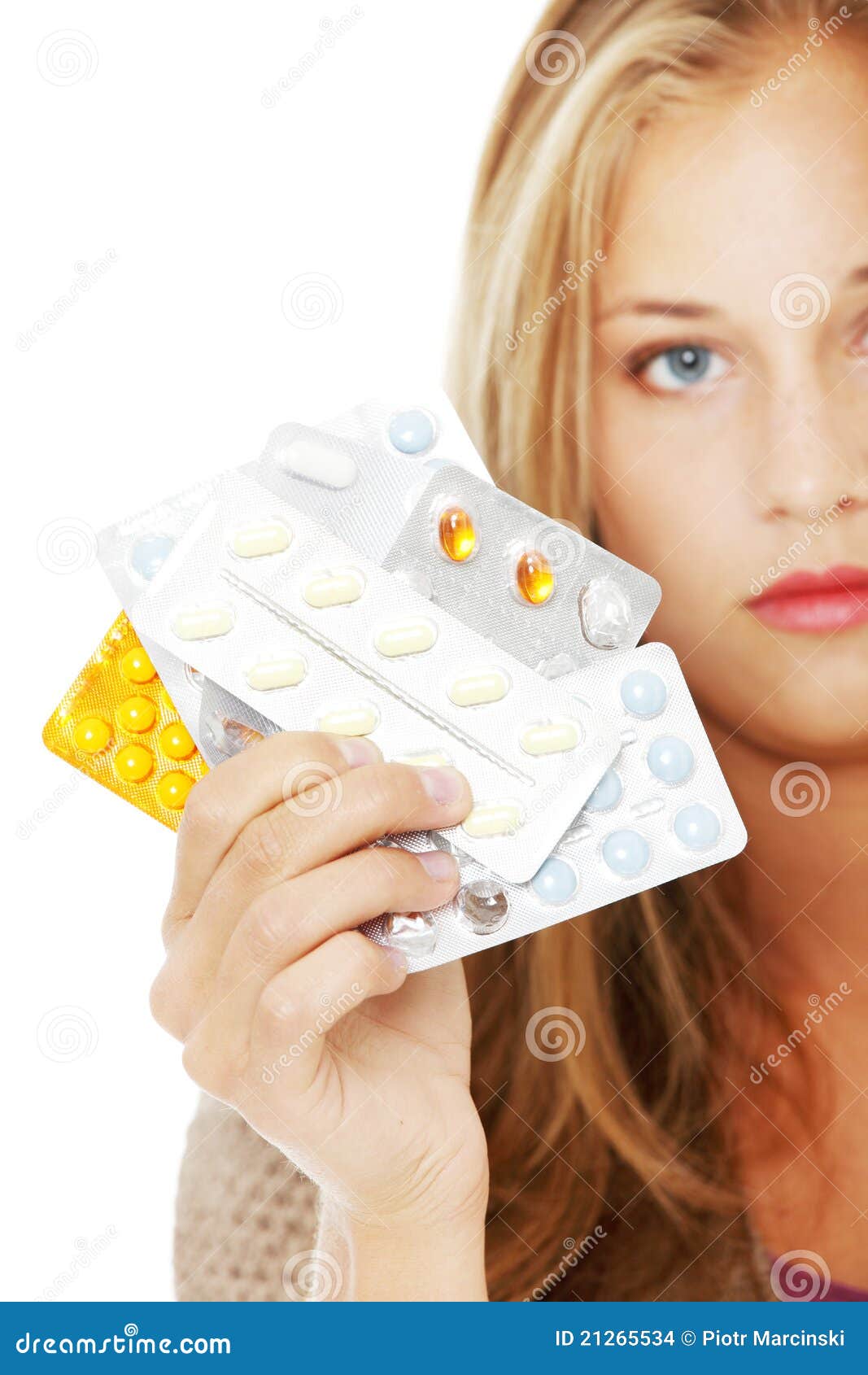 Young Beautiful Woman with Pills. Stock Photo - Image of analgesic ...