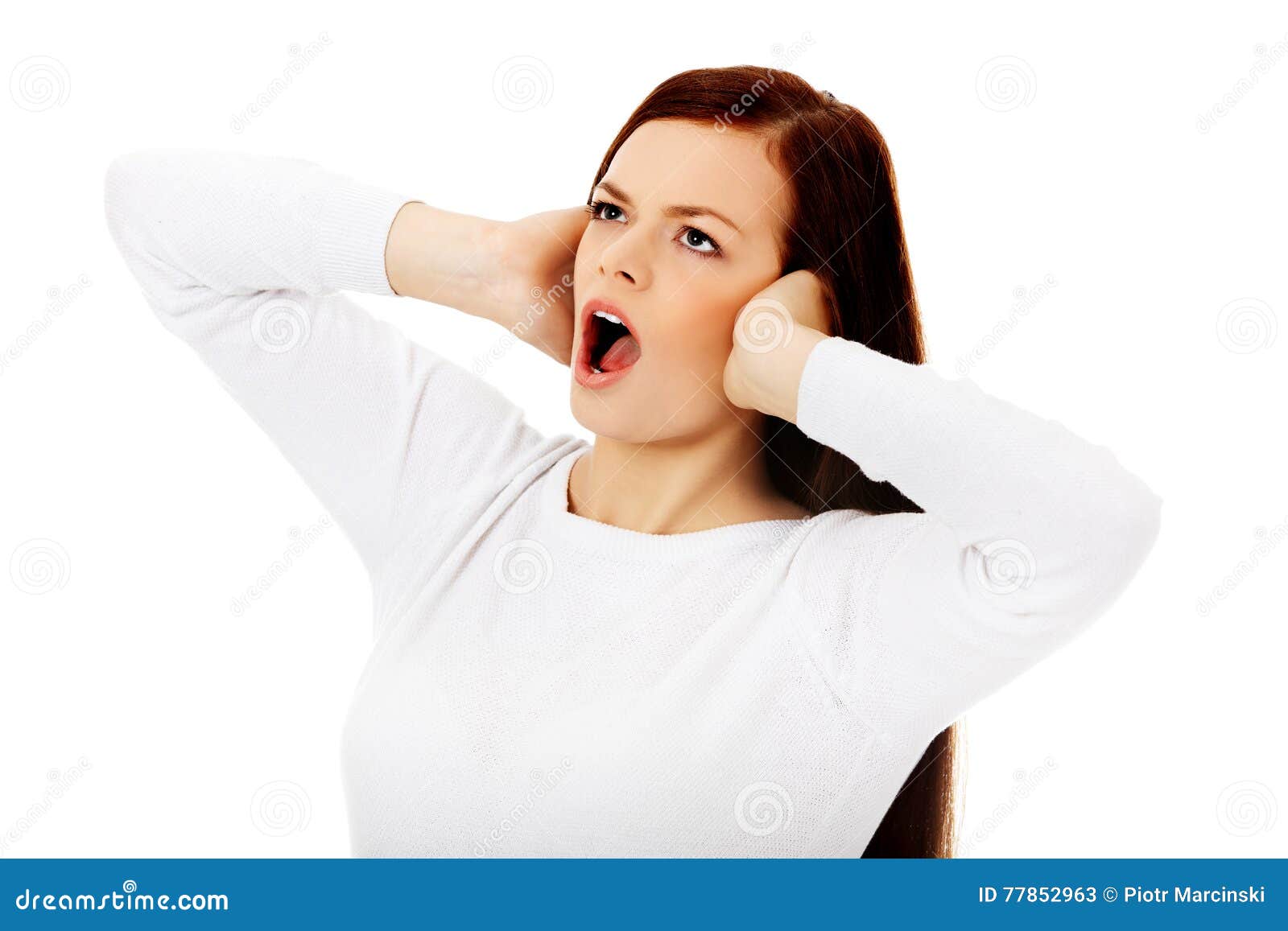 Young Beautiful Woman Plugging Her Ears and Screaming Stock Image ...