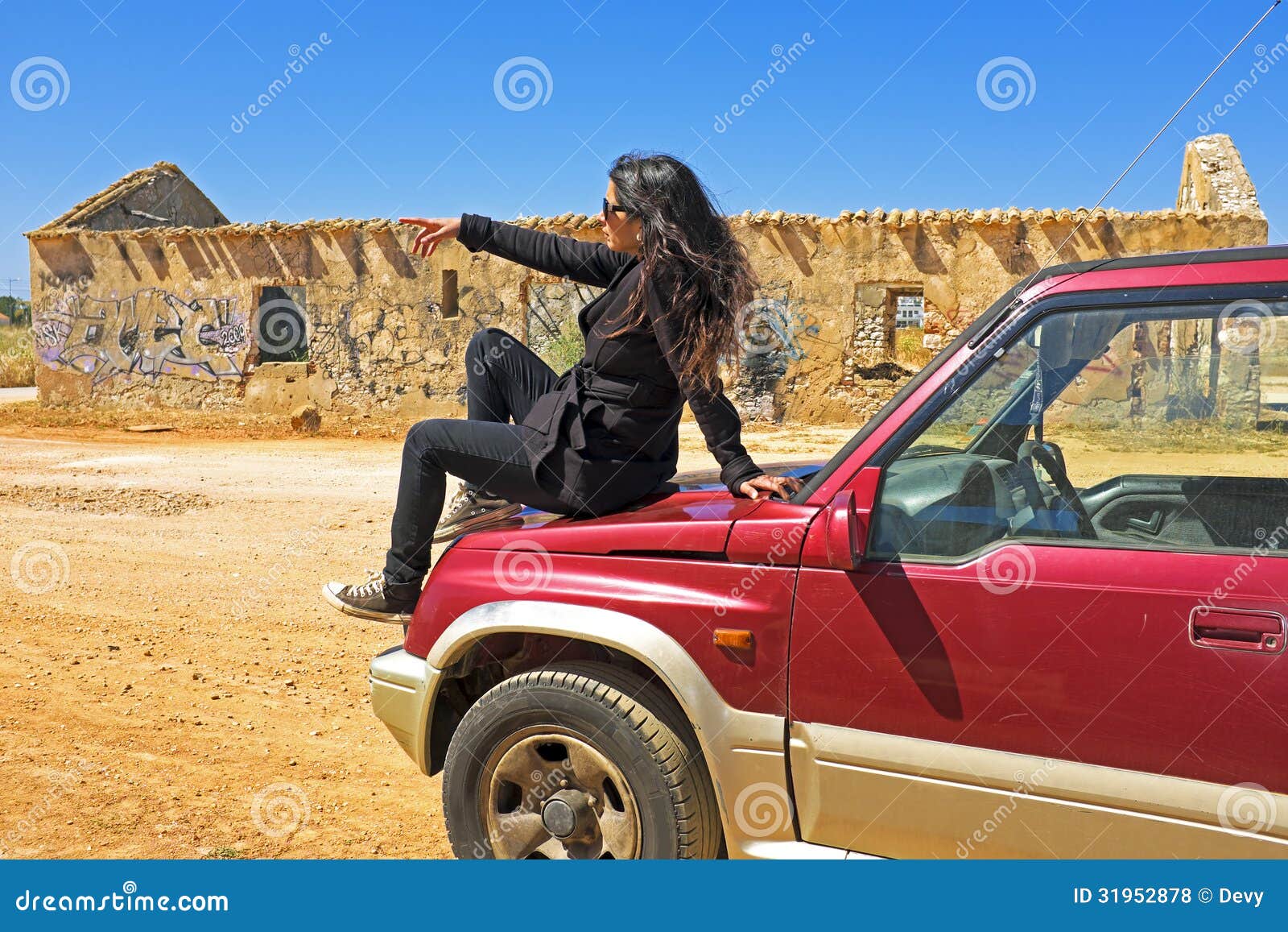 Young Beautiful Woman Pointing Far Stock Photo - Image of looking ...