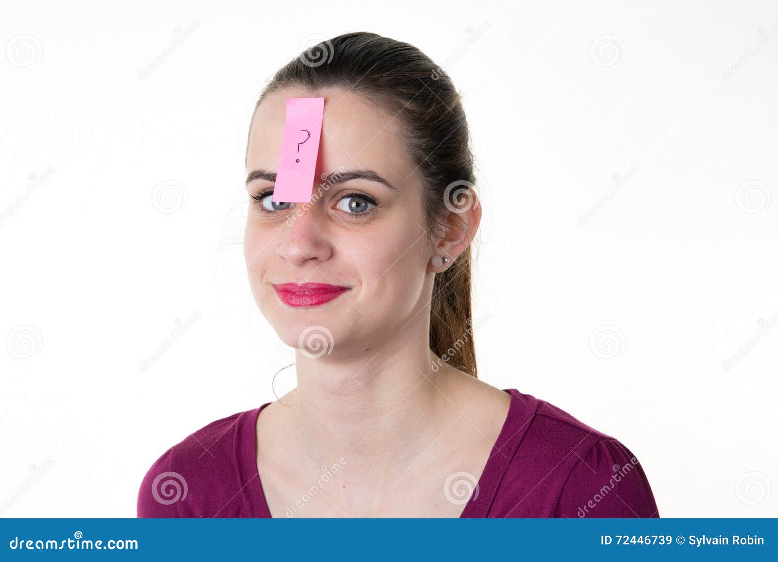 Young Beautiful Woman with Post-it Stuck on Forehead Stock Image ...
