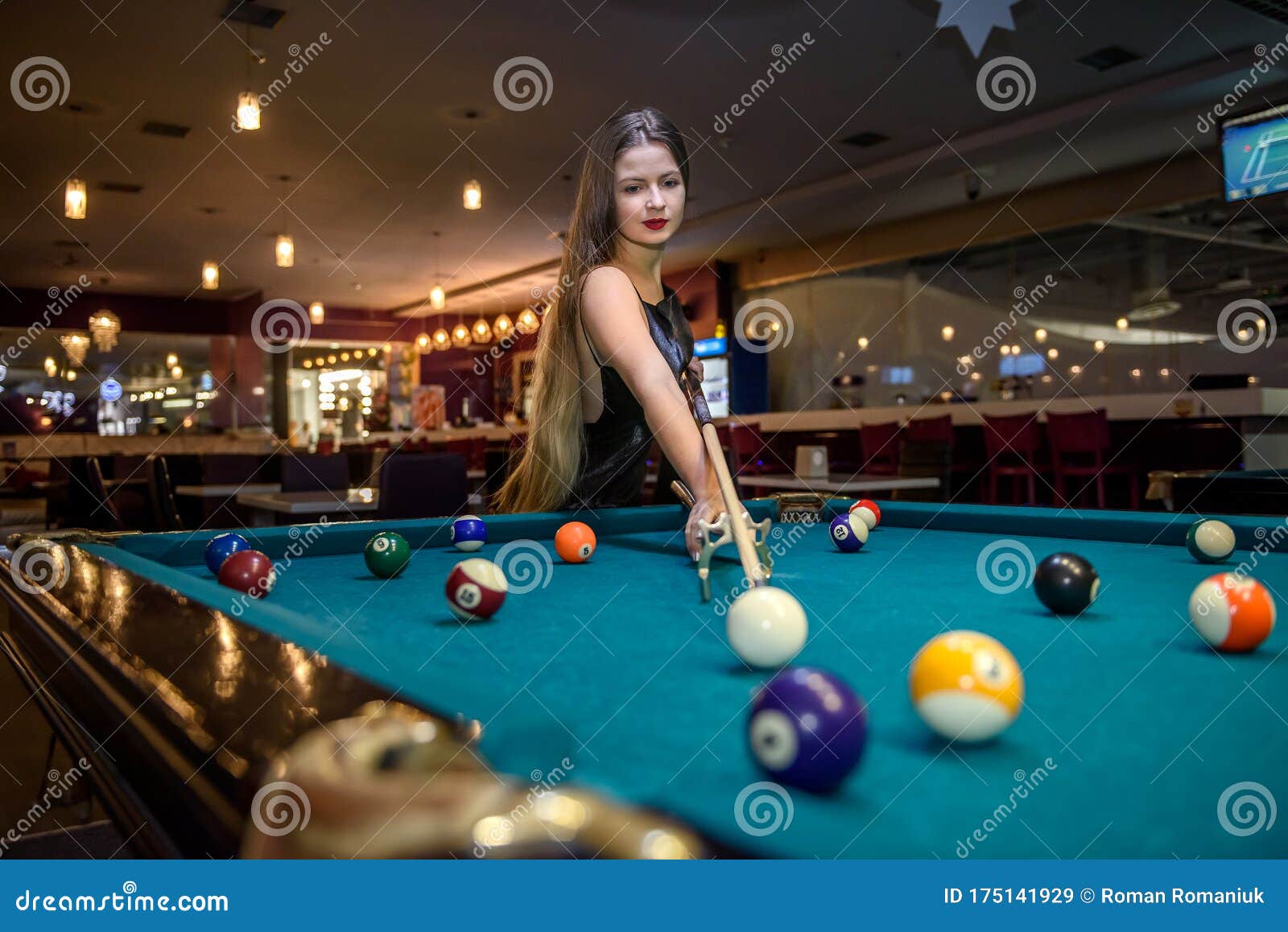 Young And Beautiful Woman In Pub Playing Billiard Stock Image Image