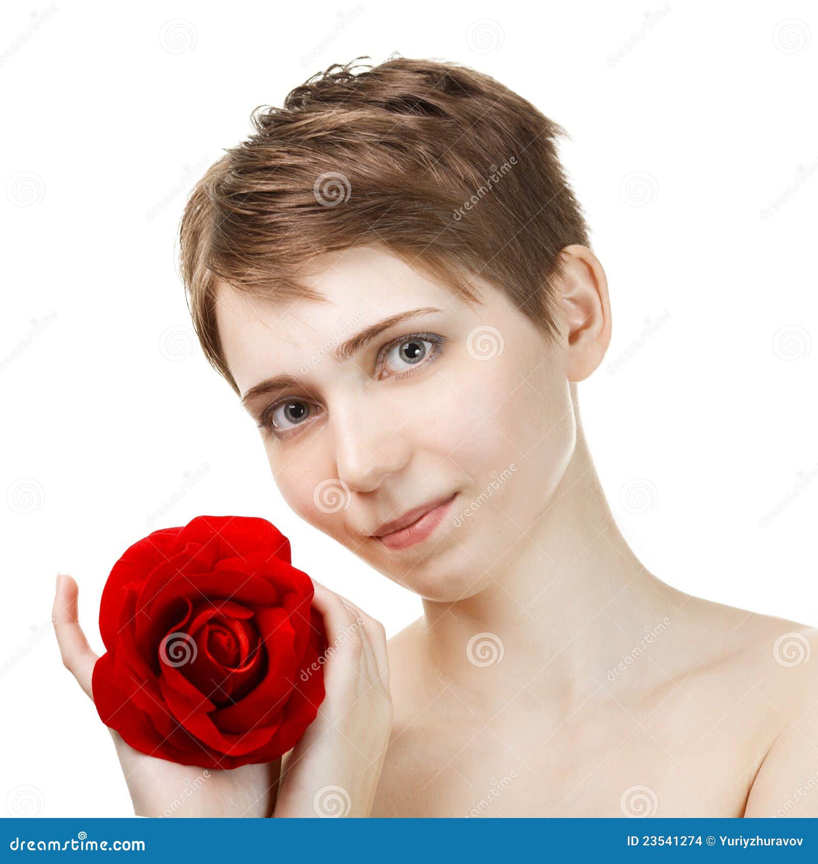 Young Beautiful Woman with Red Rose Stock Photo - Image of hairstyle ...