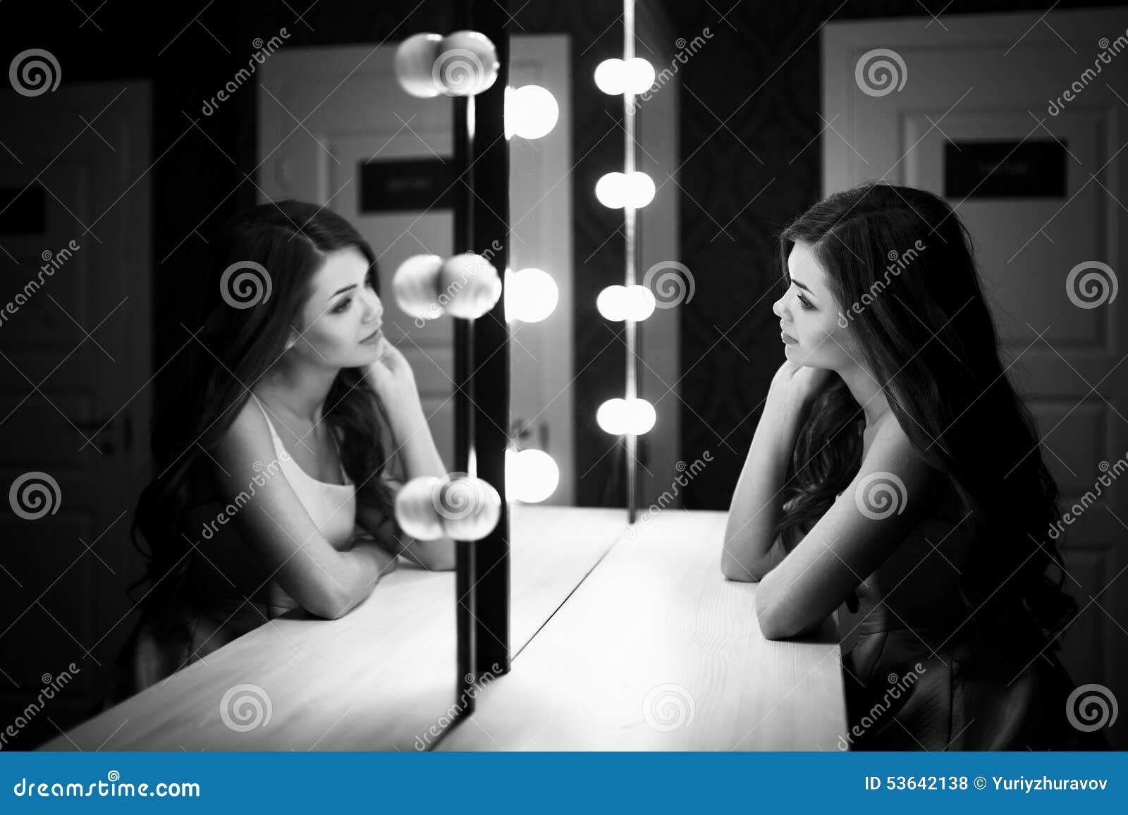 Young Beautiful Woman and Reflection in Dressing Room Stock Photo ...