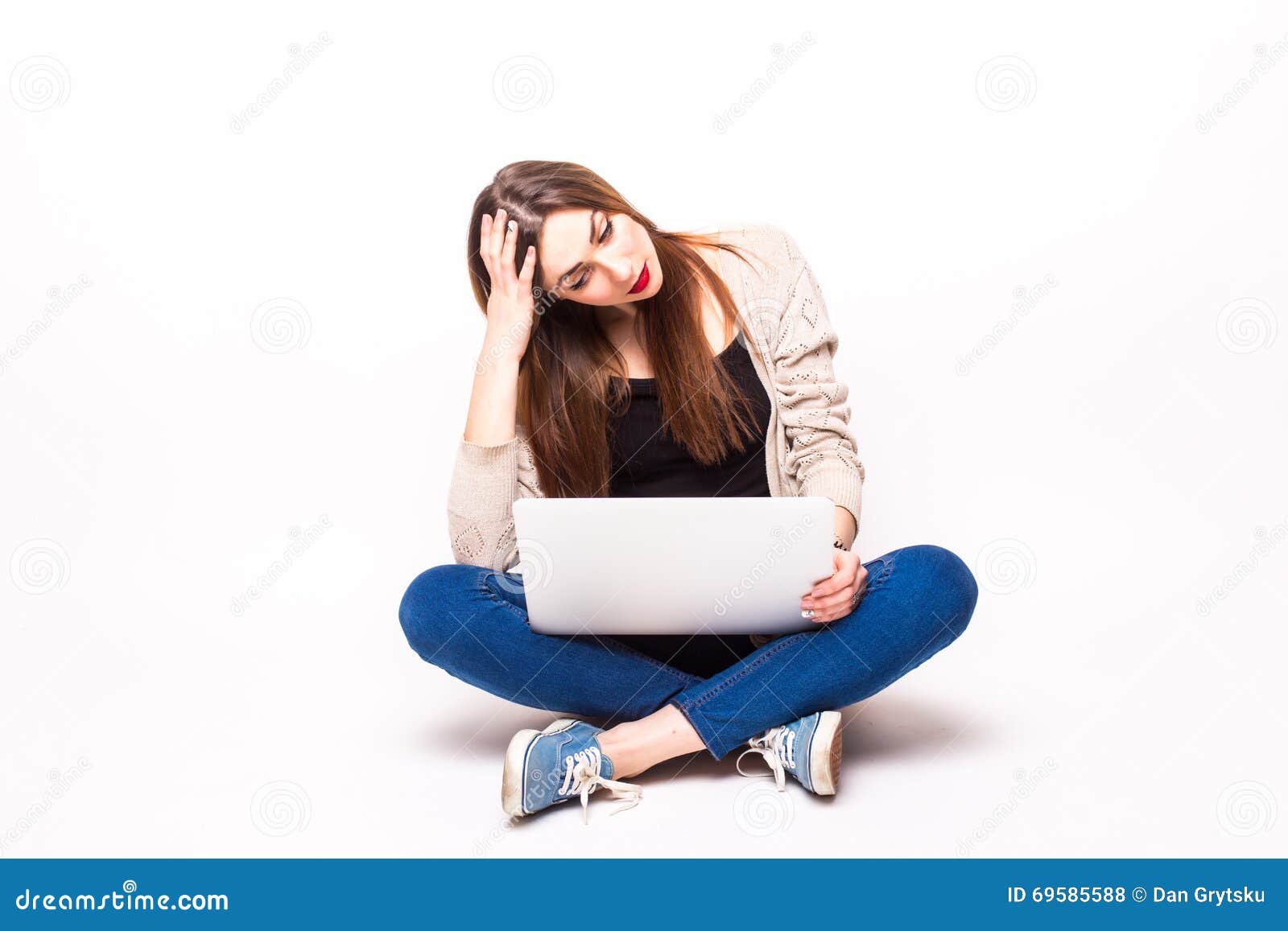 Young Beautiful Woman Sad Having Trouble with Her Computer Stock Photo ...