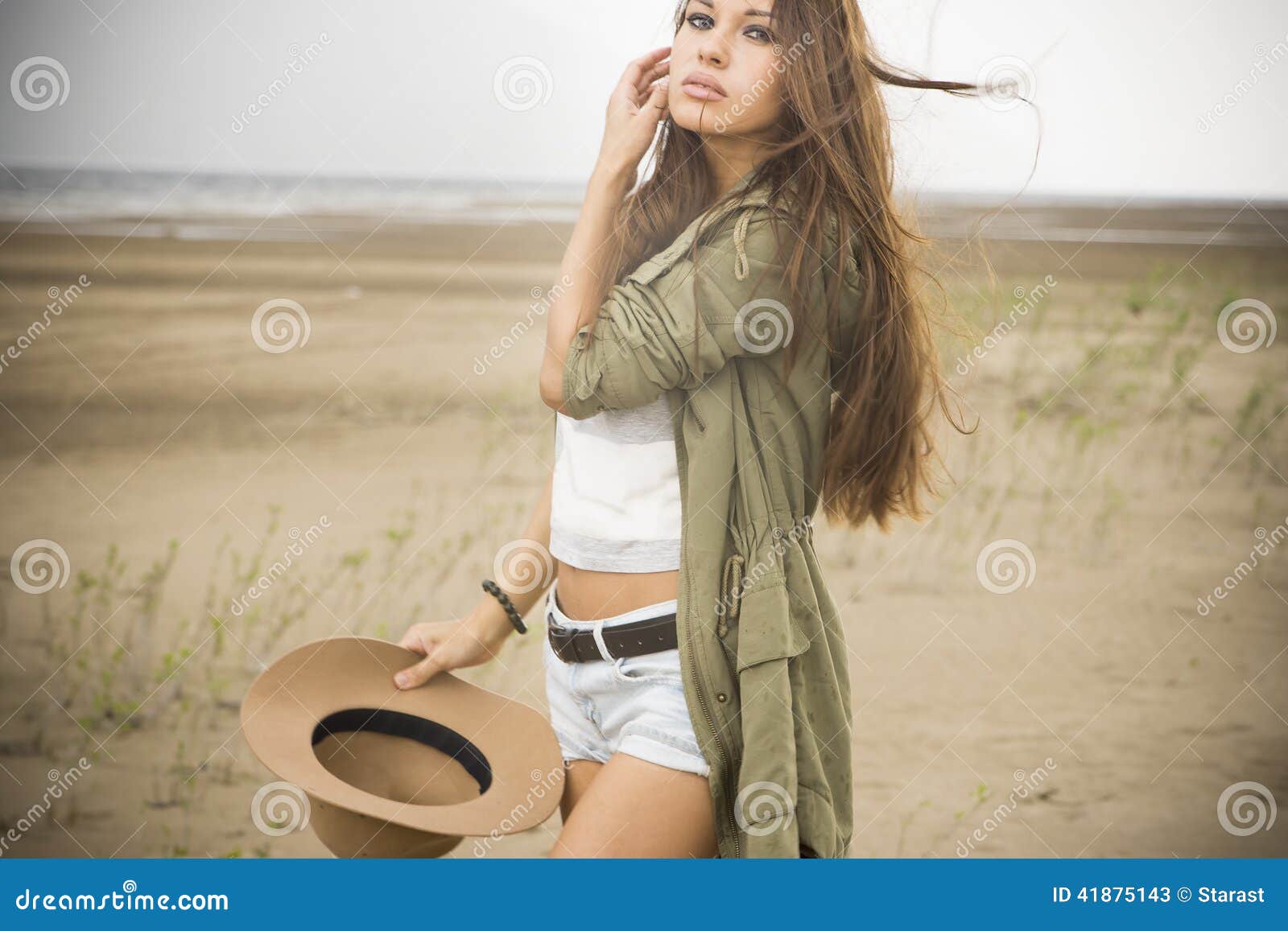 Young Beautiful Woman on a Sandy Beach Stock Image - Image of long ...
