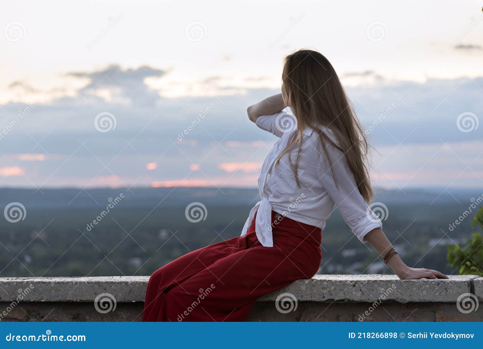 Young Beautiful Woman on the Side View Panoramic Platform. Sunset and ...