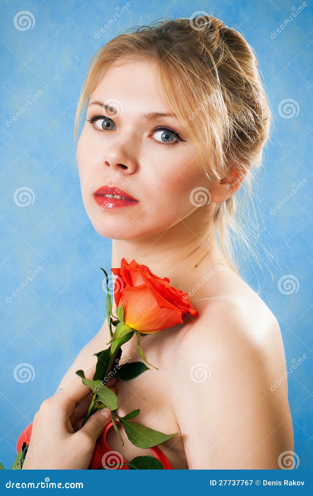 Young Beautiful Woman with a Single Red Rose Stock Image - Image of ...