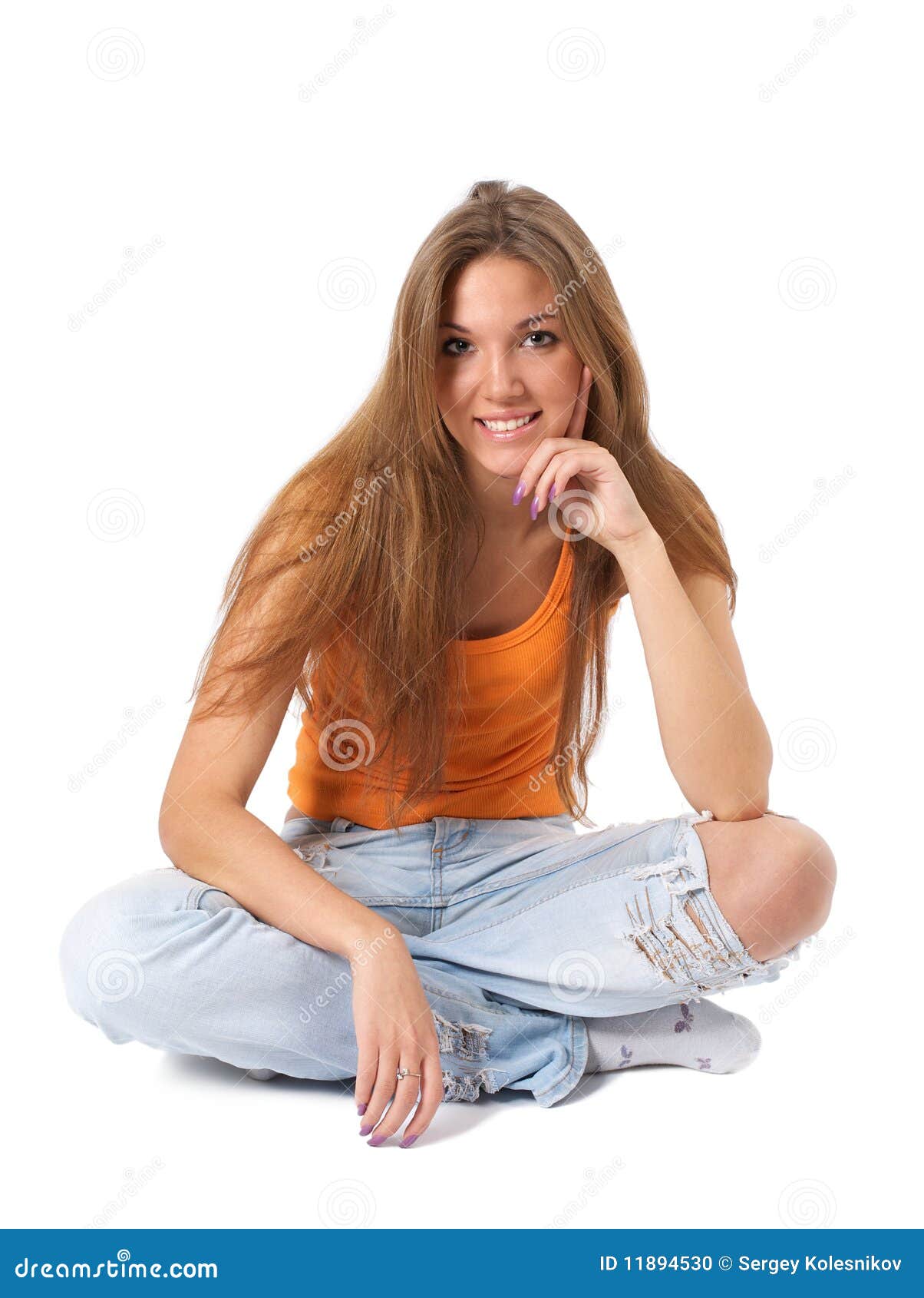 Young Beautiful Woman Sitting Isolated on White Stock Photo - Image of ...