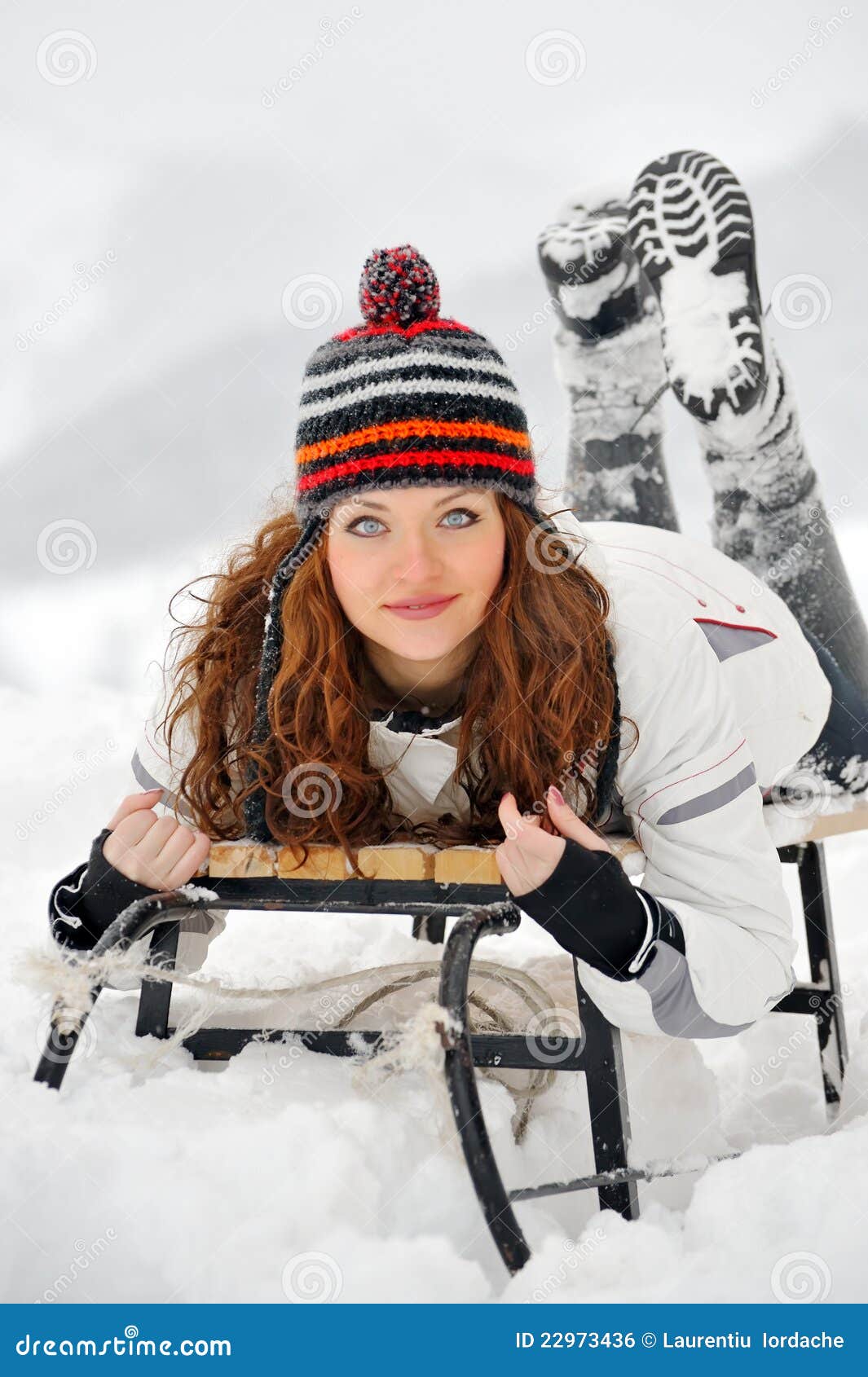 Young Beautiful Woman on Sledge Stock Photo - Image of friendly, adult ...