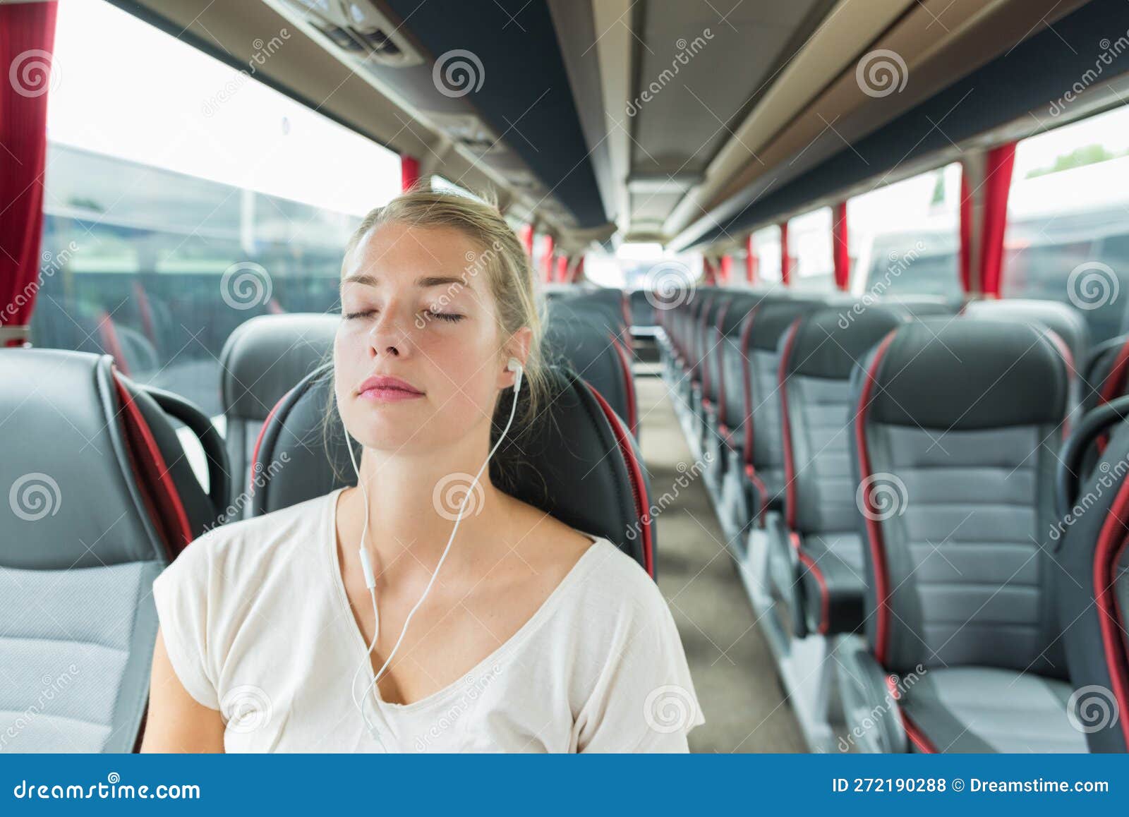 Young Beautiful Woman Sleeping in Bus Stock Photo - Image of inflatable ...