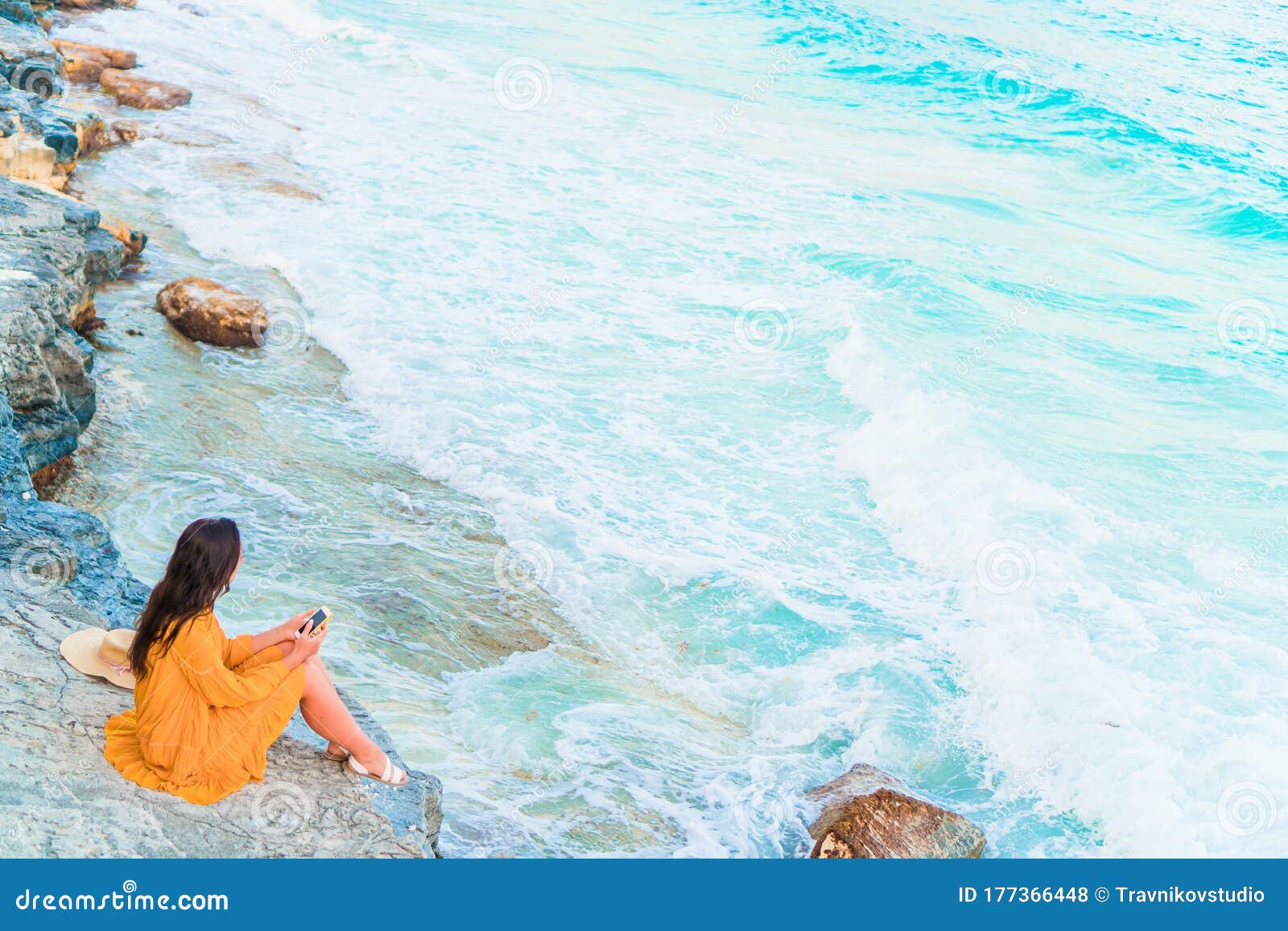 Young Beautiful Woman in Sunset Background of Ocean Stock Photo - Image ...