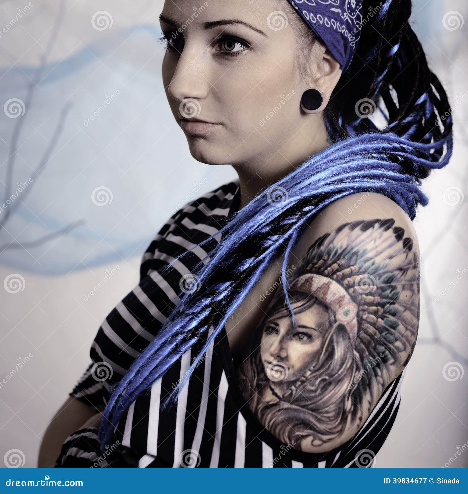 Young Beautiful Woman with Tattoo and Dreadlocks Stock Image - Image of ...