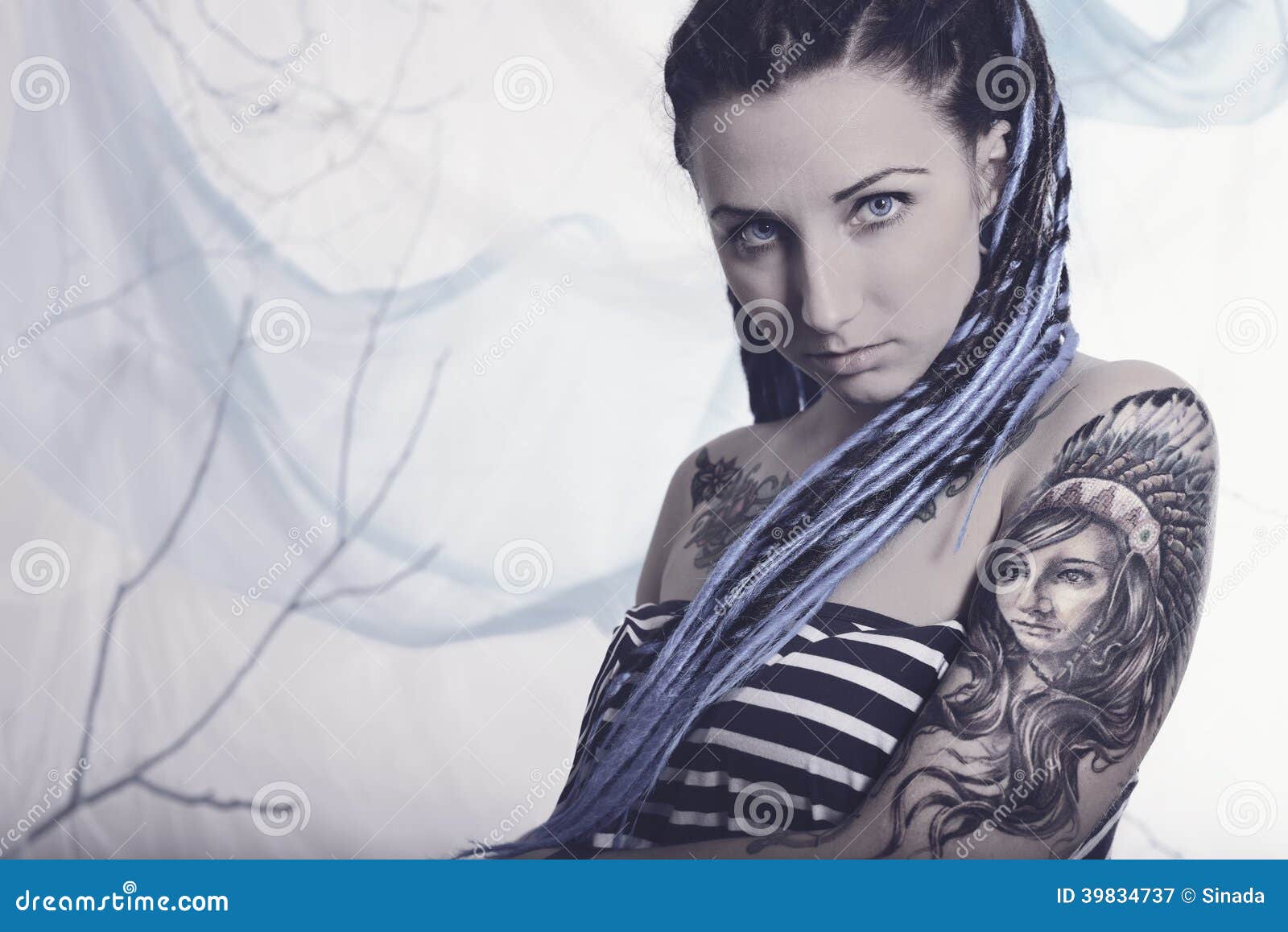Young Beautiful Woman with Tattoo and Dreadlocks Stock Image - Image of ...