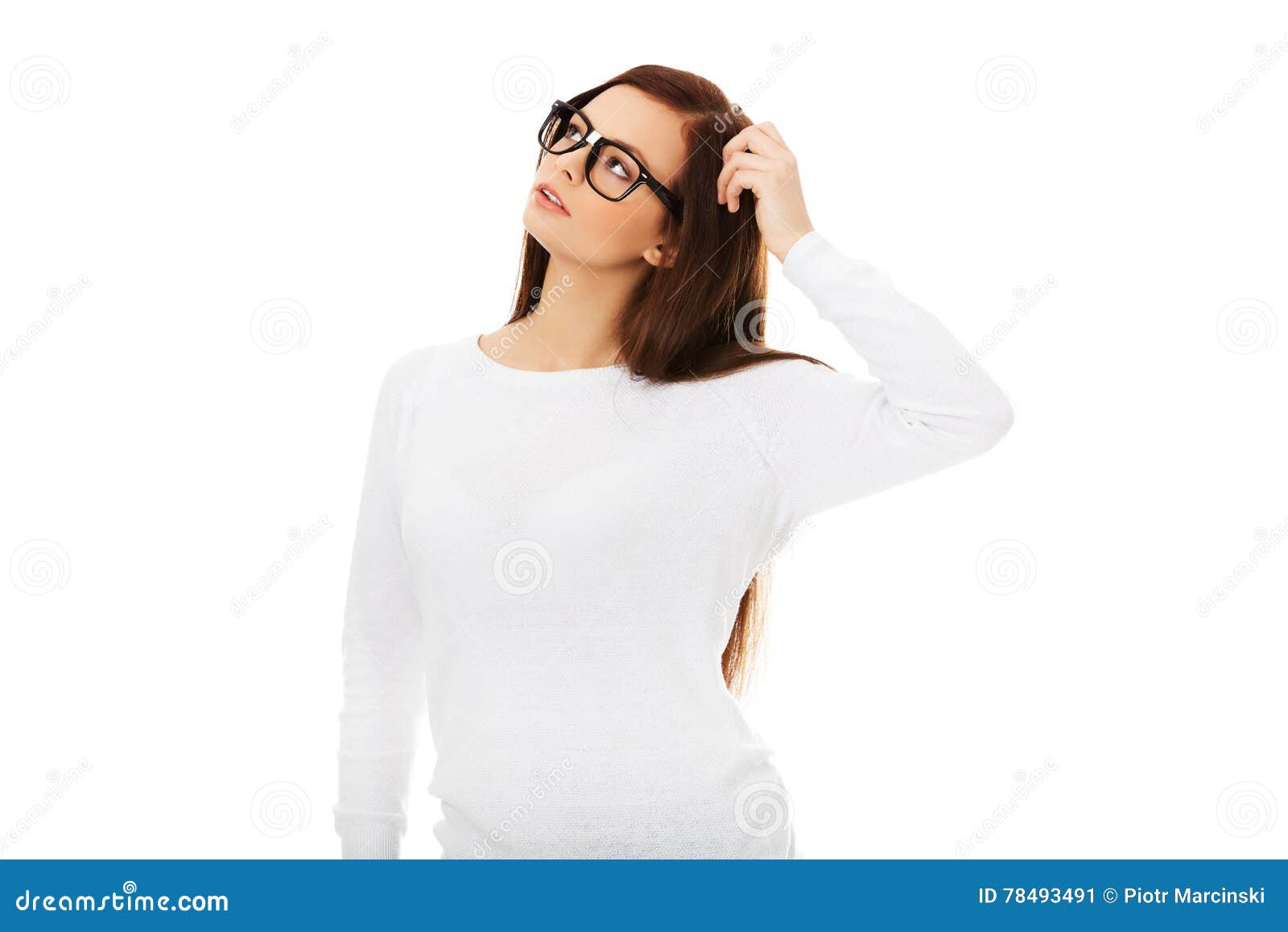 Young Beautiful Woman Thinking Looking Up Stock Image - Image of ...
