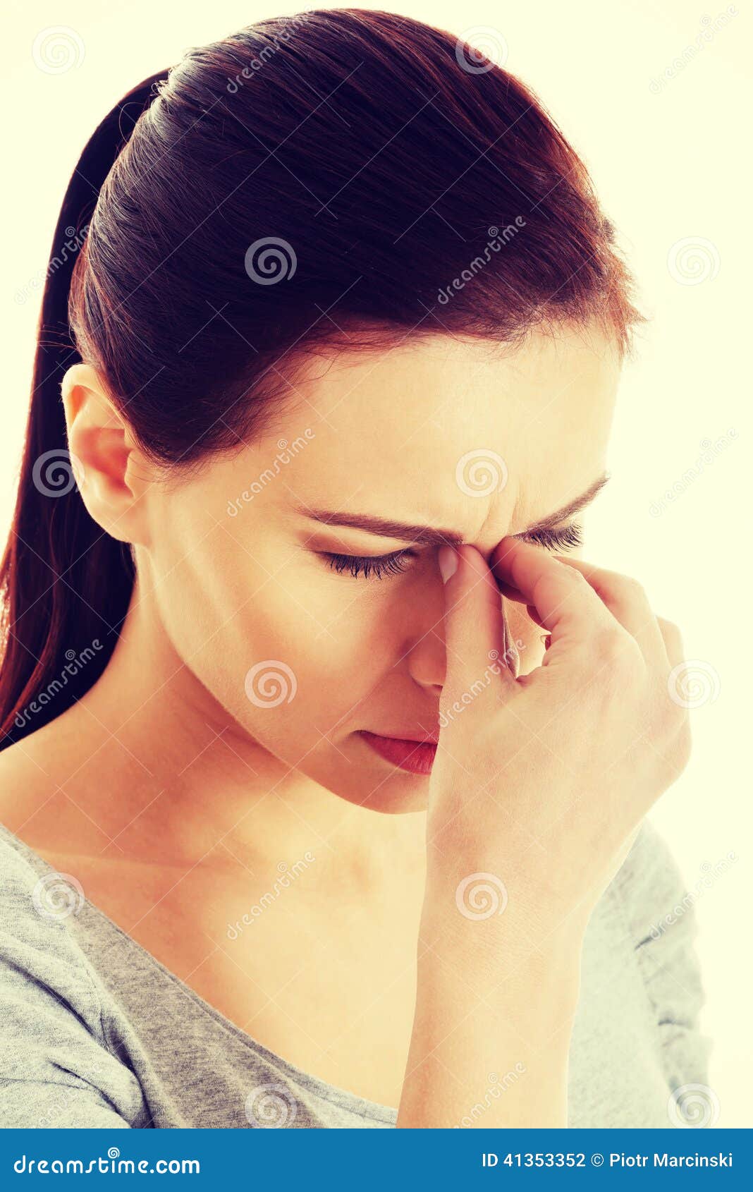 Young Beautiful Woman Touching Her Nose. Stock Photo - Image of pain ...