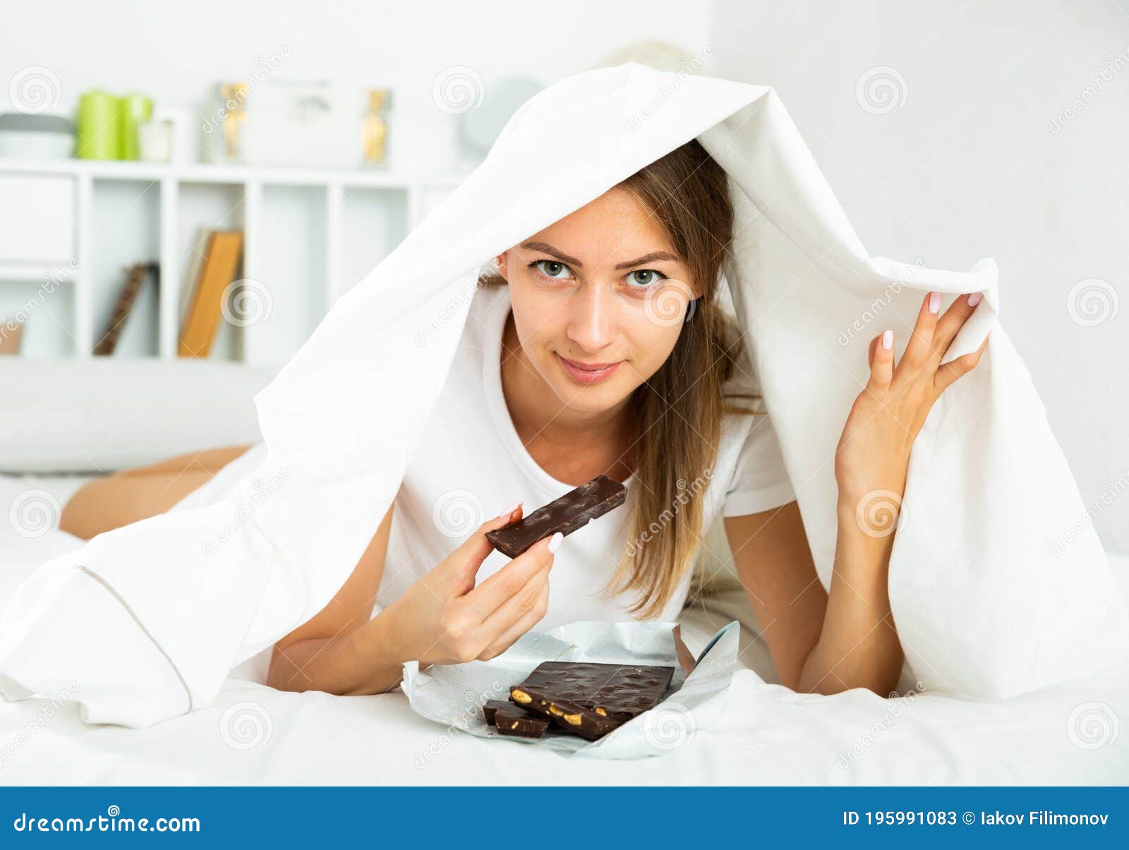 Woman Eating Chocolate In Bed Stock Image Image Of Modern 2530