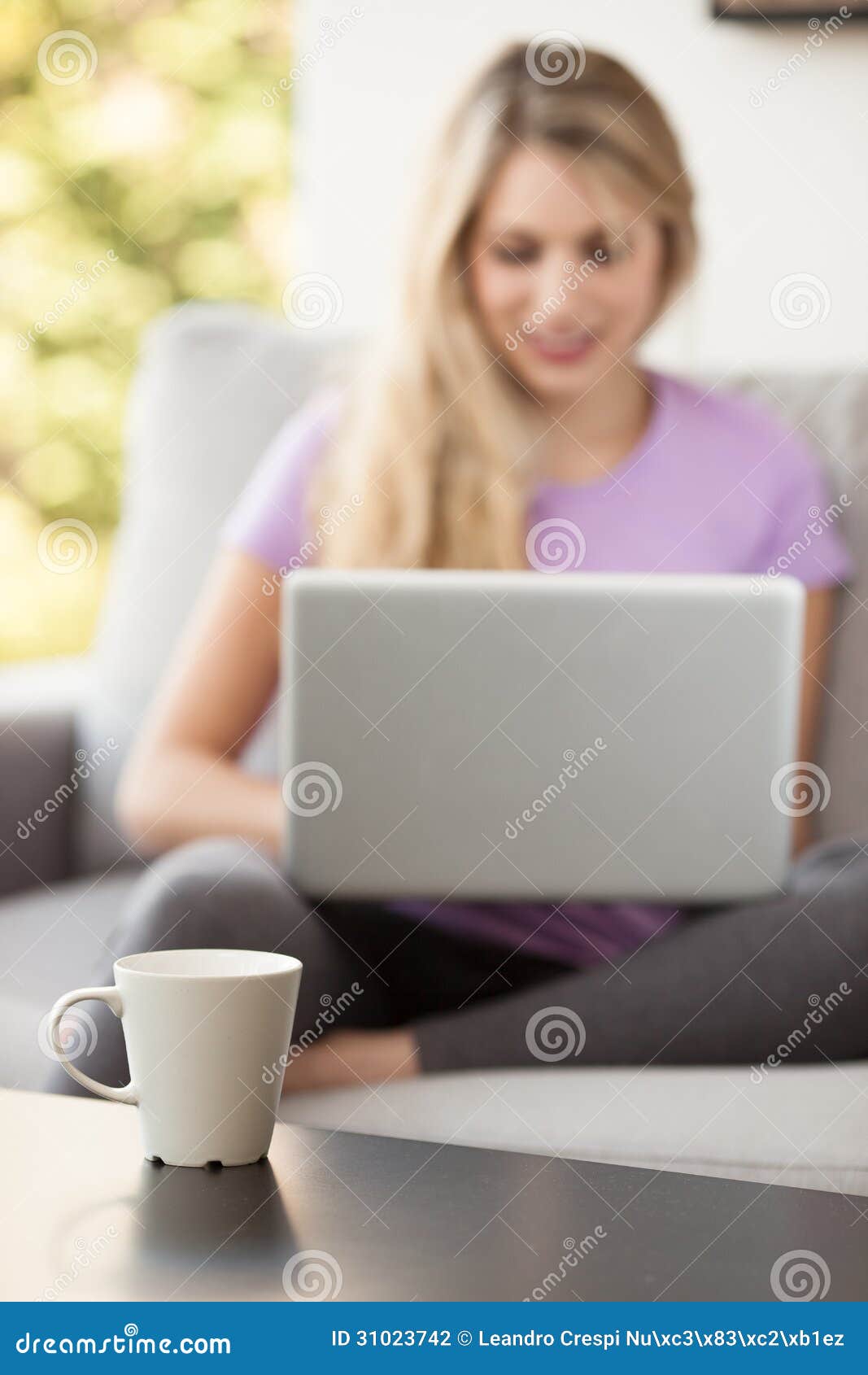 Young Beautiful Woman Using a Laptop at Home Stock Photo - Image of ...