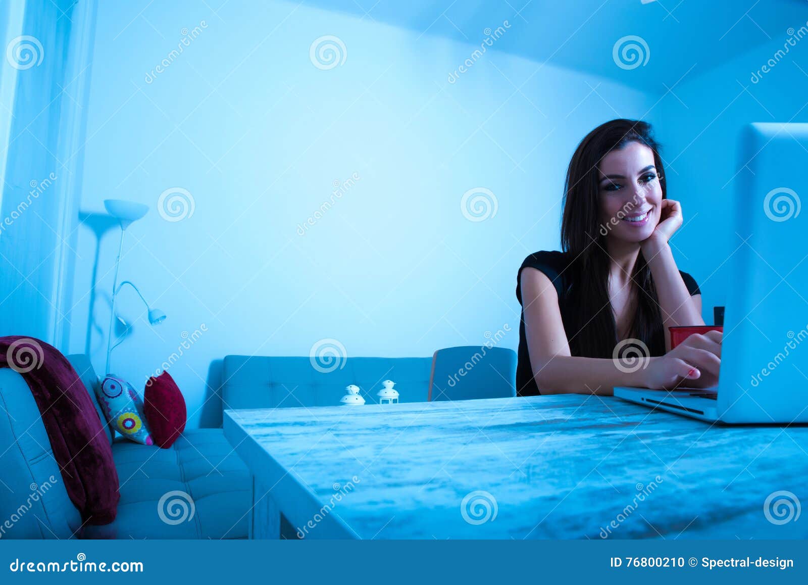 Young Beautiful Woman Using a Laptop at Night Stock Photo - Image of ...