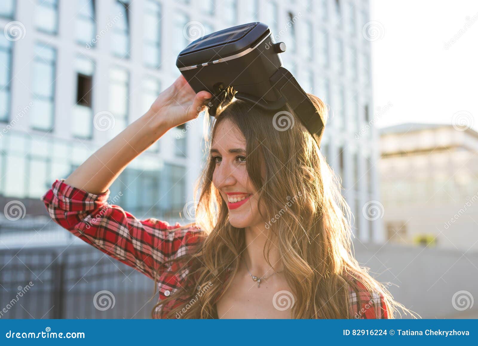 Young Beautiful Woman Using VR Outside Stock Photo - Image of glasses ...