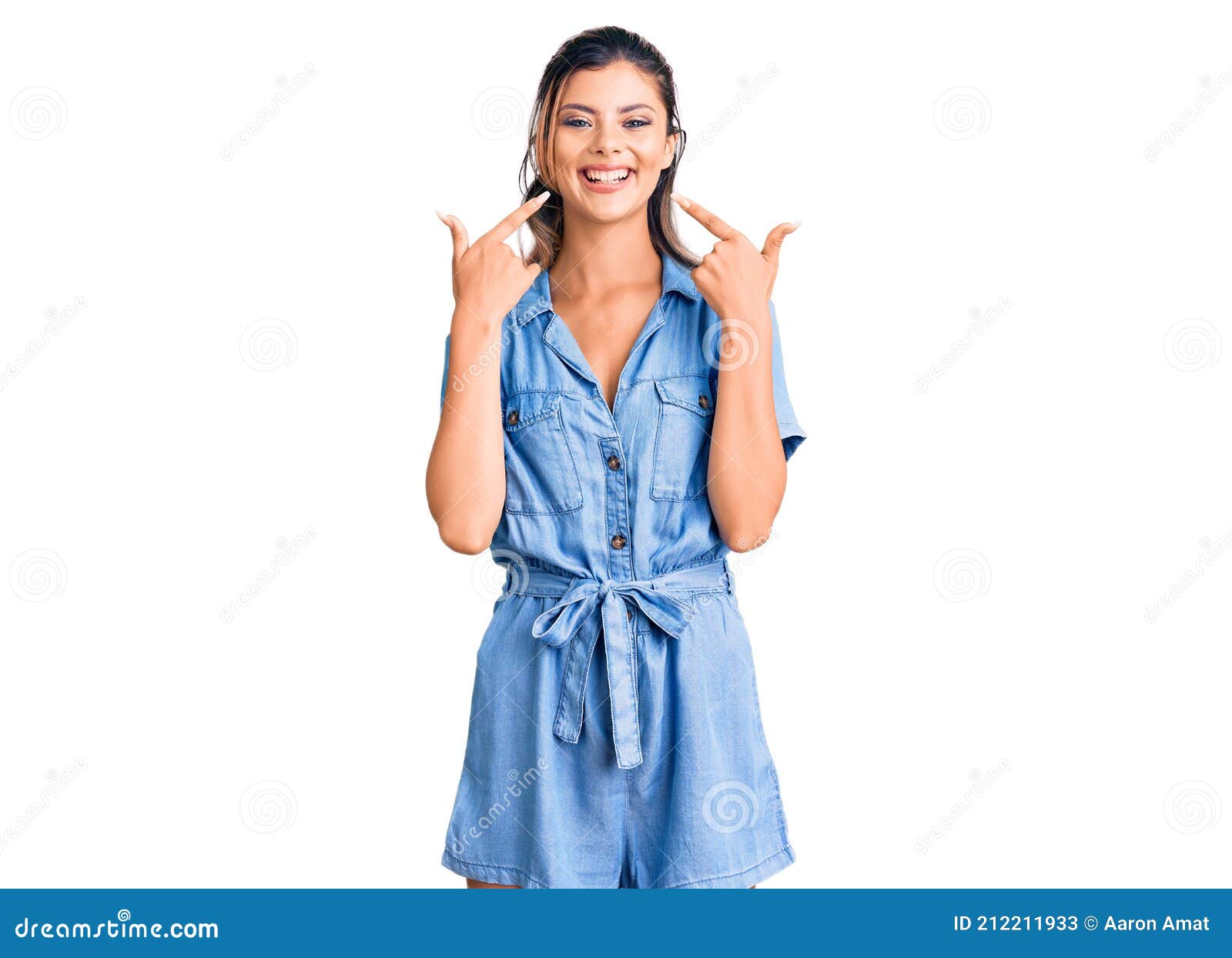 Young Beautiful Woman Wearing Casual Clothes Smiling Cheerful Showing