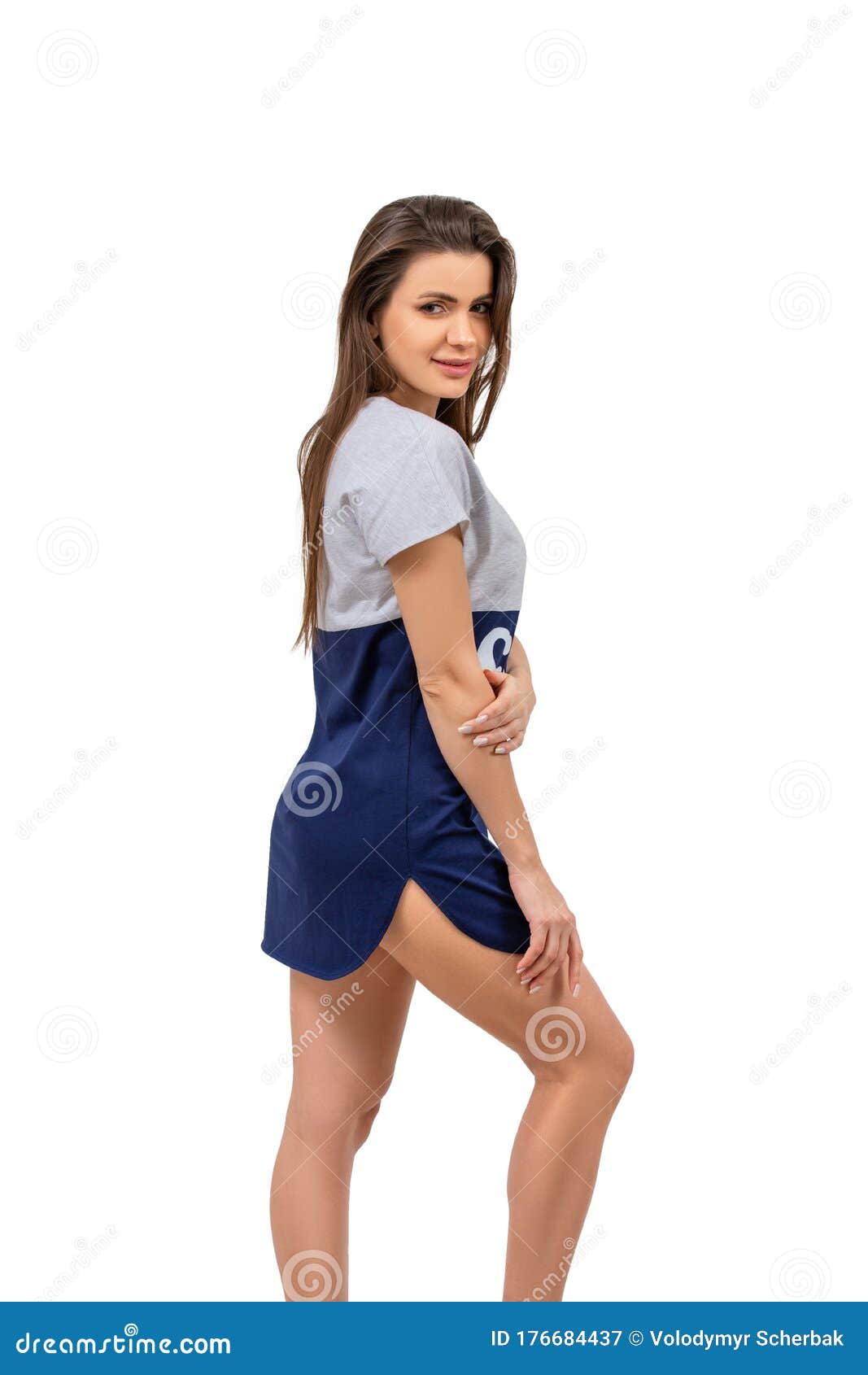 Young Beautiful Woman Wearing Casual Long T Shirt Standing Over