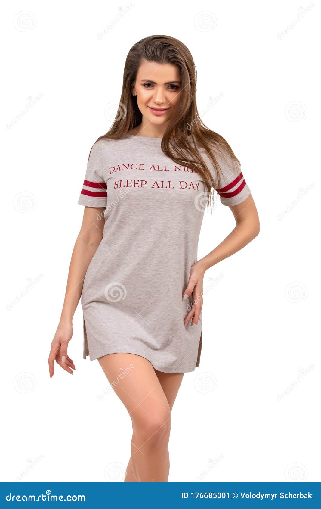 Young Beautiful Woman Wearing Casual Long T Shirt Standing Over