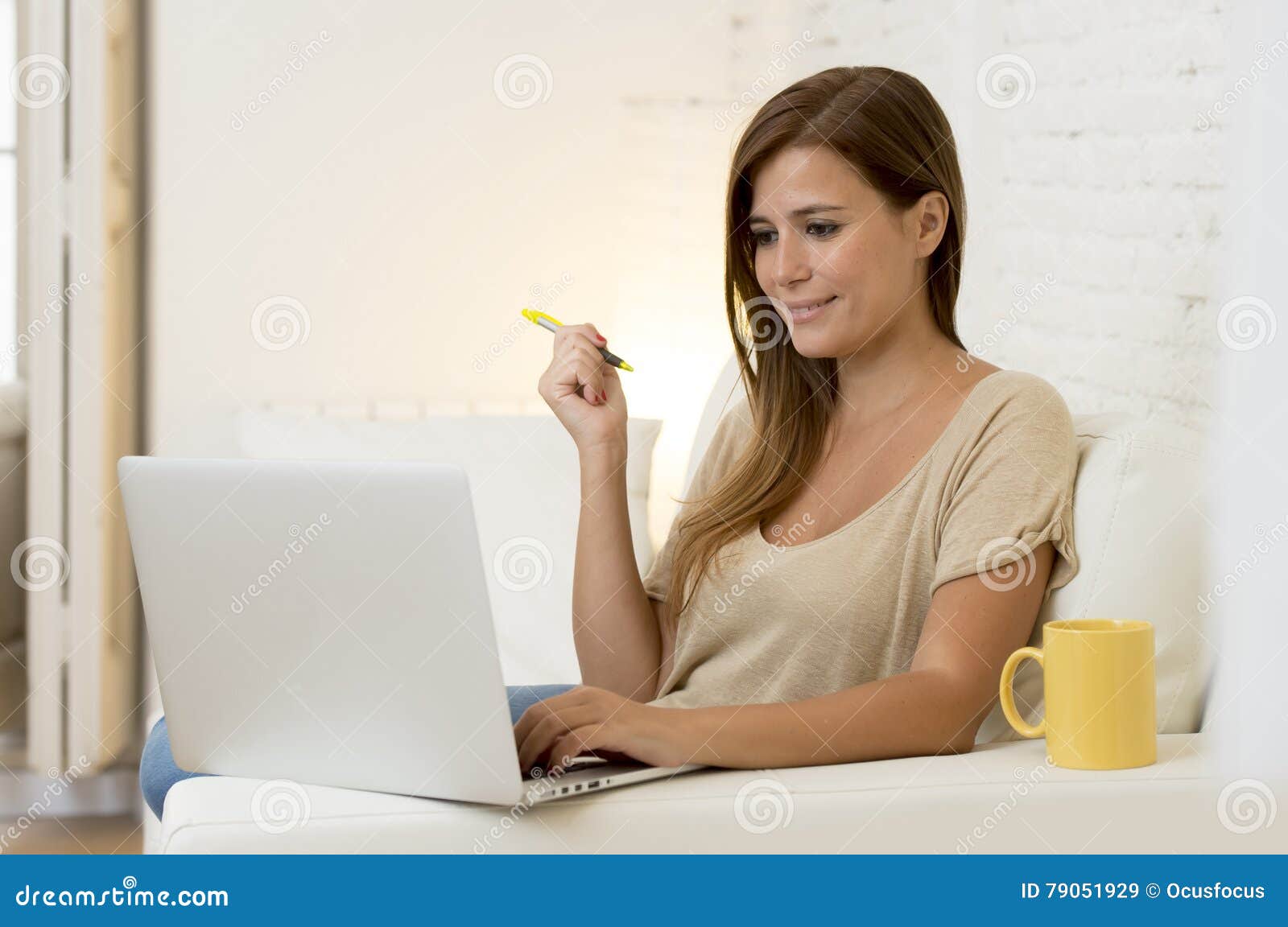 Young Beautiful Woman Working with Laptop Computer Smiling Happy or ...