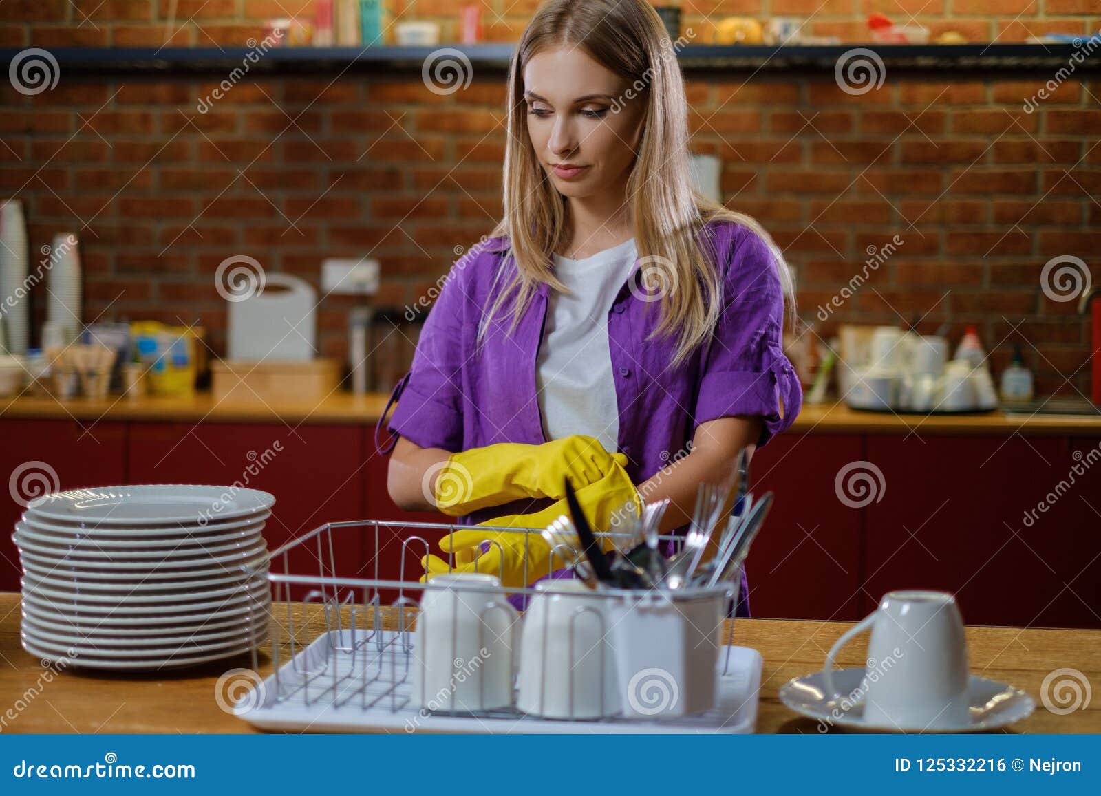 Young Beautiful Woman Works in Kitchen Stock Photo - Image of dish ...