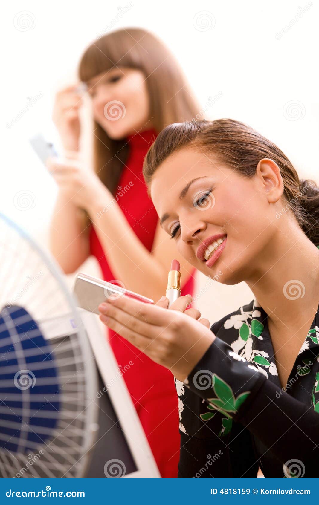 Young Beautiful Women Applying Make-up Stock Image - Image of finance ...