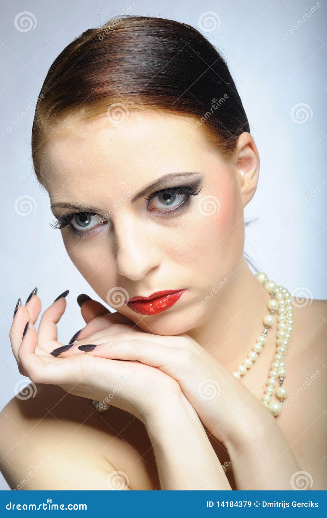 Young Beauty Female Face with Red Shiny Lips Stock Image - Image of ...