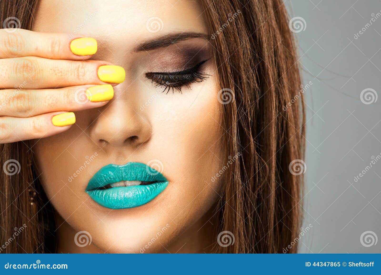 Young Beauty Model , Blue Lips, Yellow Nails. Clos Stock Image - Image ...