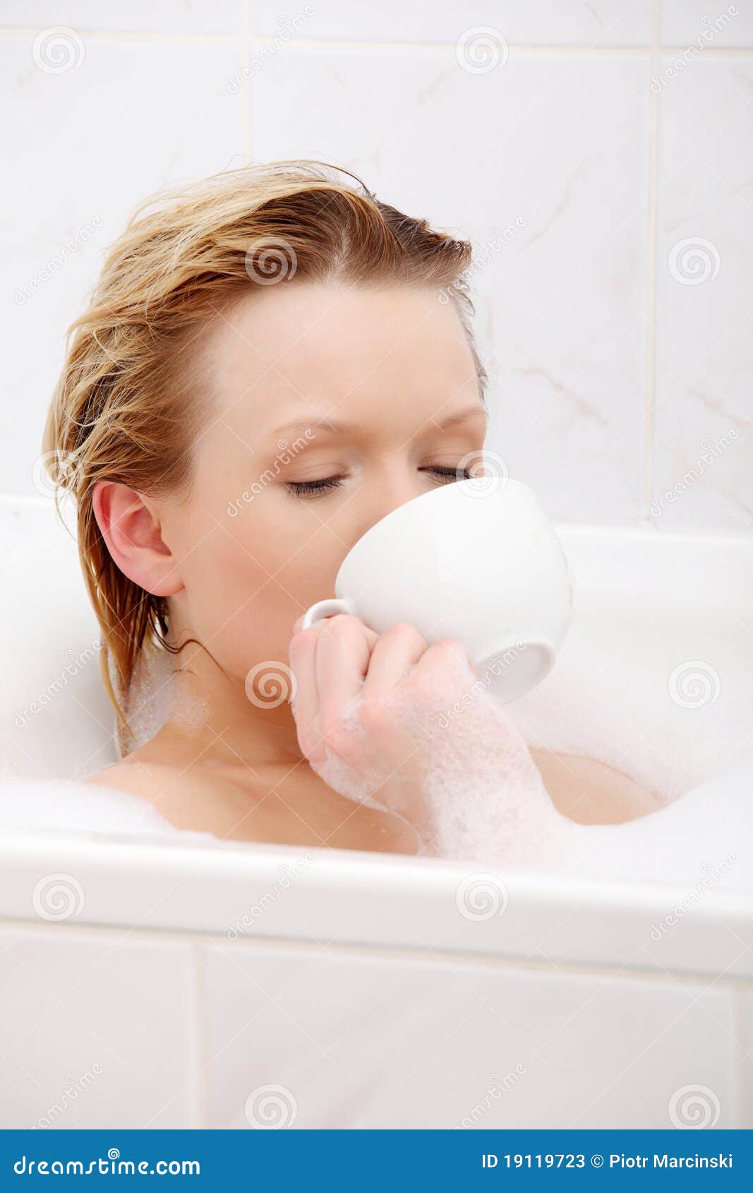 Young Beauty Woman in the Bath Drinking Stock Image - Image of ...