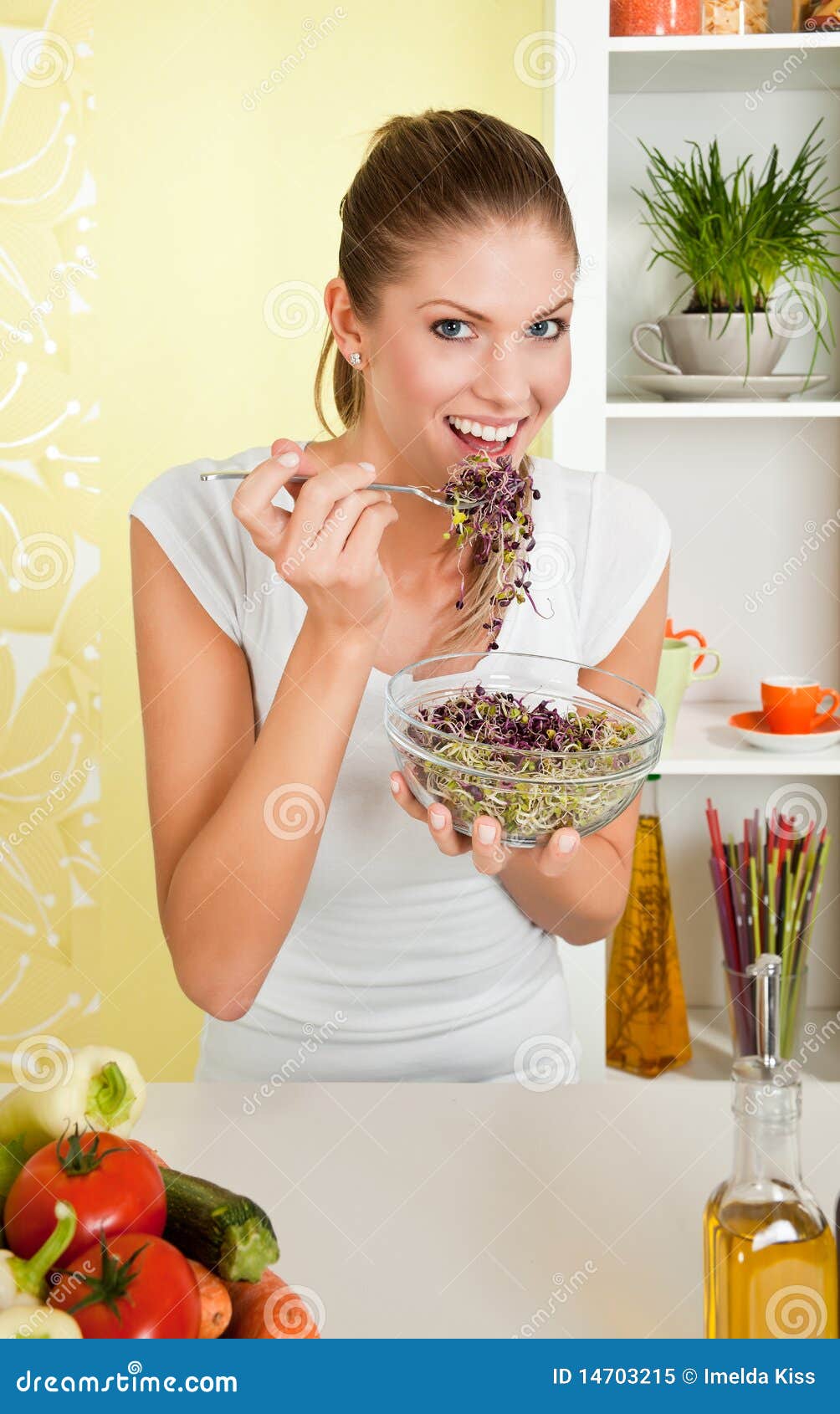 Young Beauty Woman Eating Sprouts Stock Image - Image of mouth ...