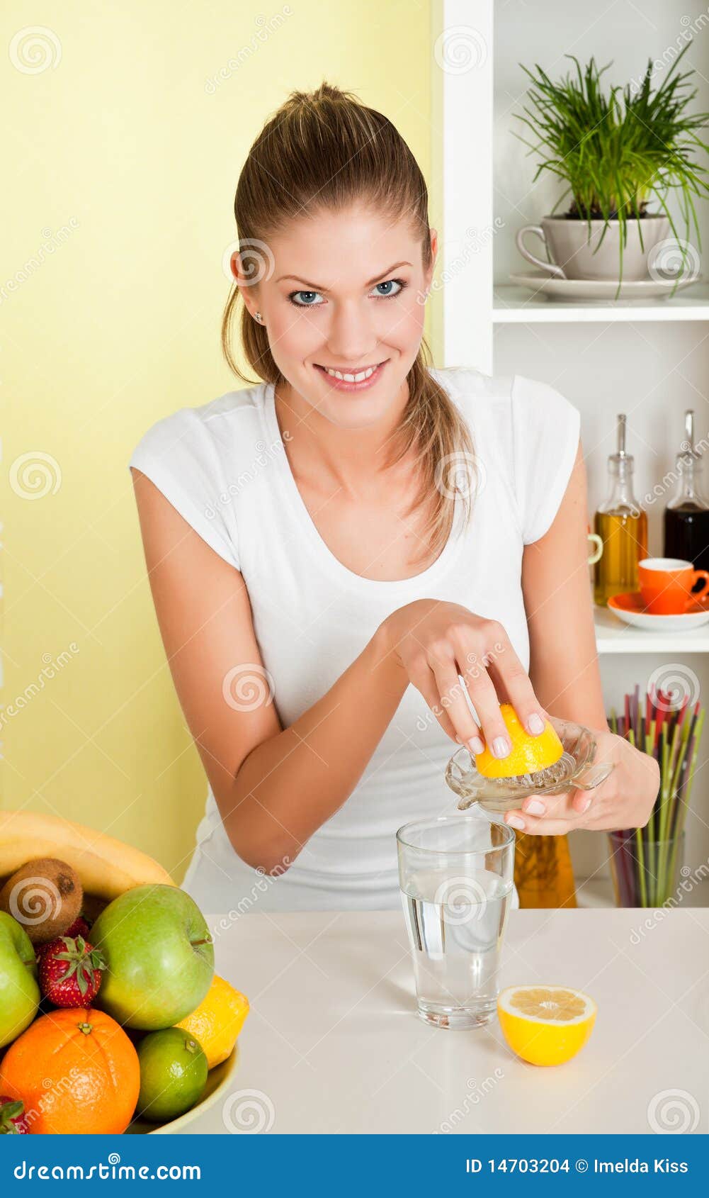 Young Beauty Woman Make Lemon Juice Stock Photo - Image of beautiful ...