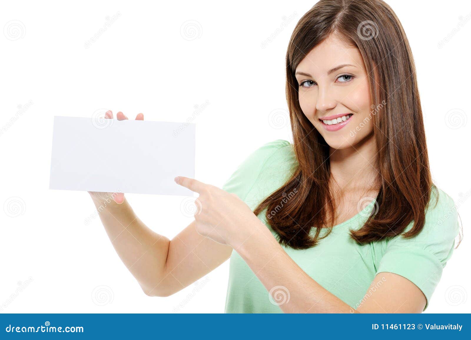Young Beauty Woman Pointing on the Blank Card Stock Image - Image of ...