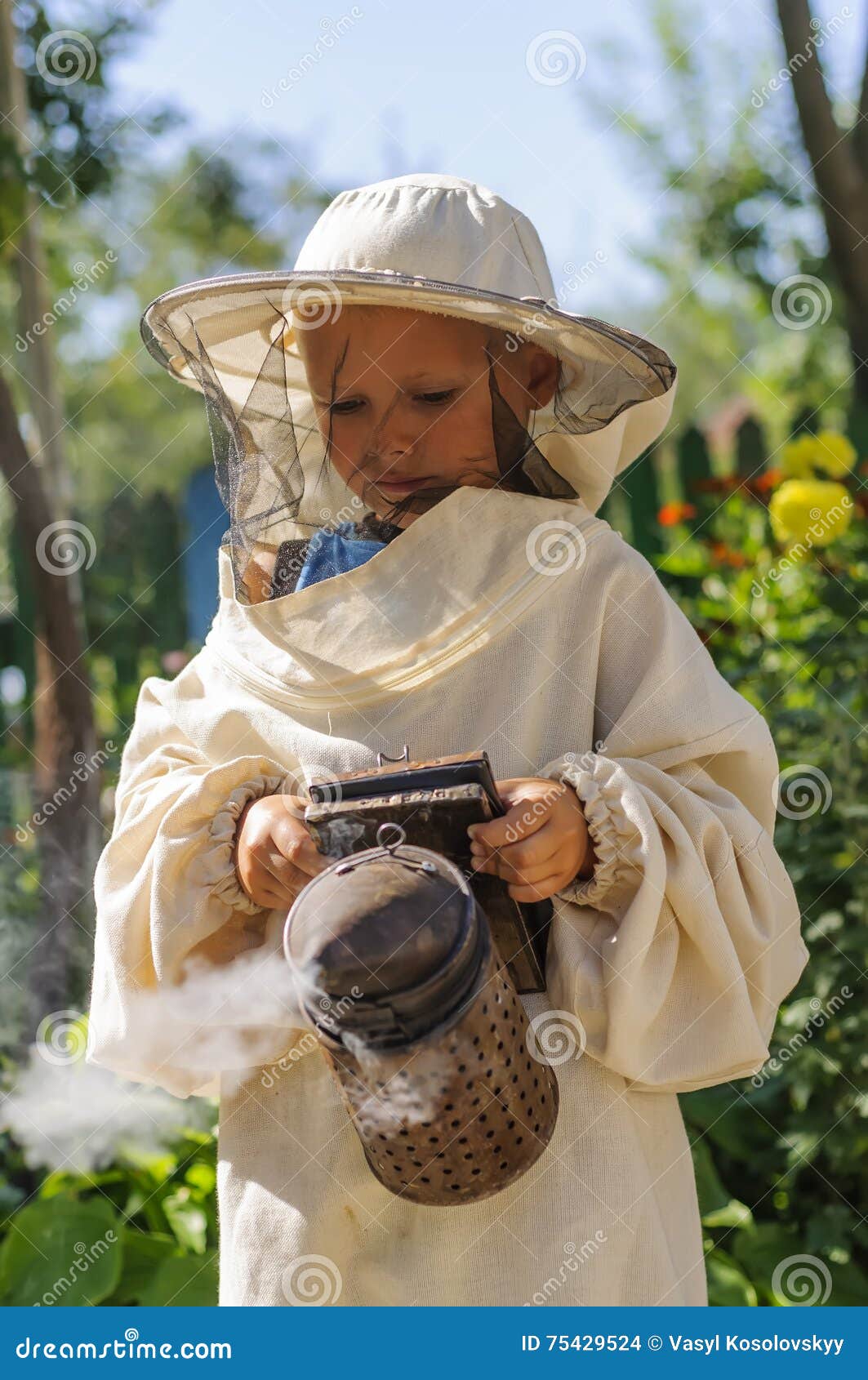 Young Beekeeper Boy Using a Smoker on Bee Yard Stock Photo - Image of ...