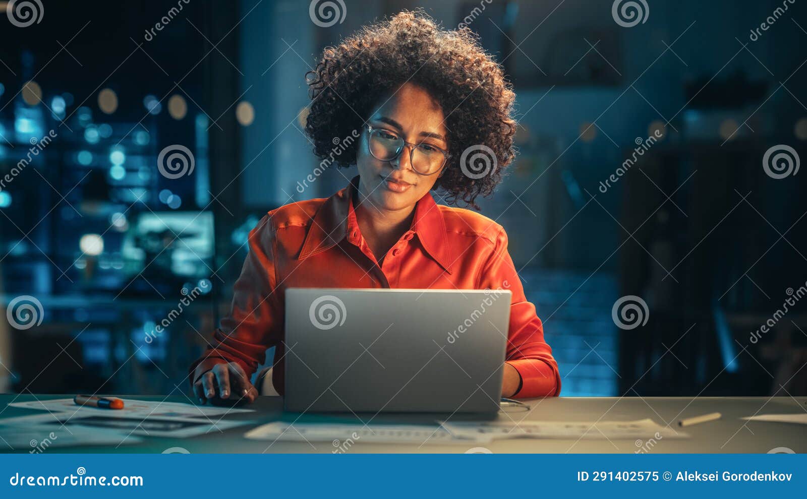 Young Black Female Working on Laptop Computer in Creative Office in the ...
