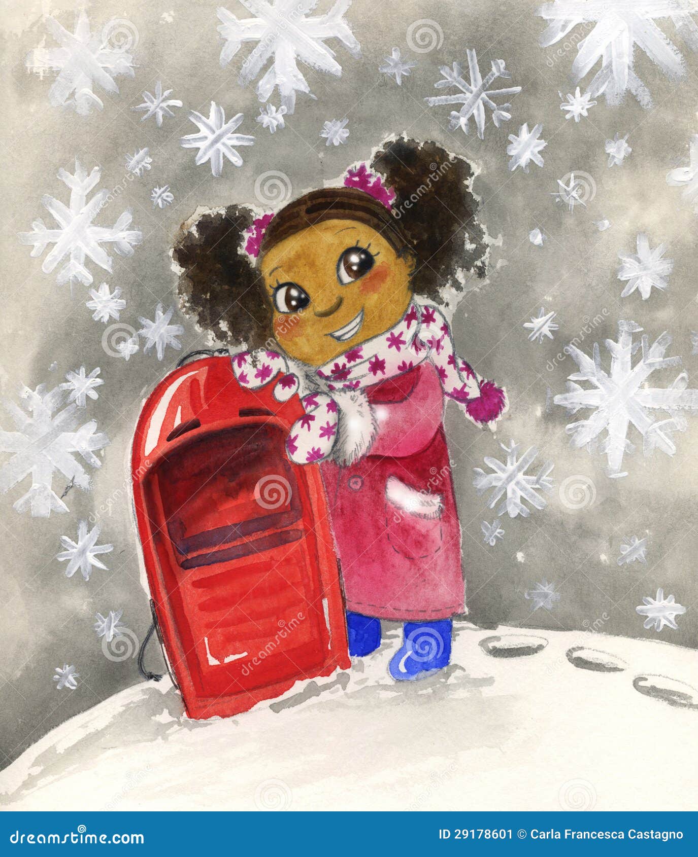 Young Black Girl with Red Sledge Stock Illustration - Illustration of ...