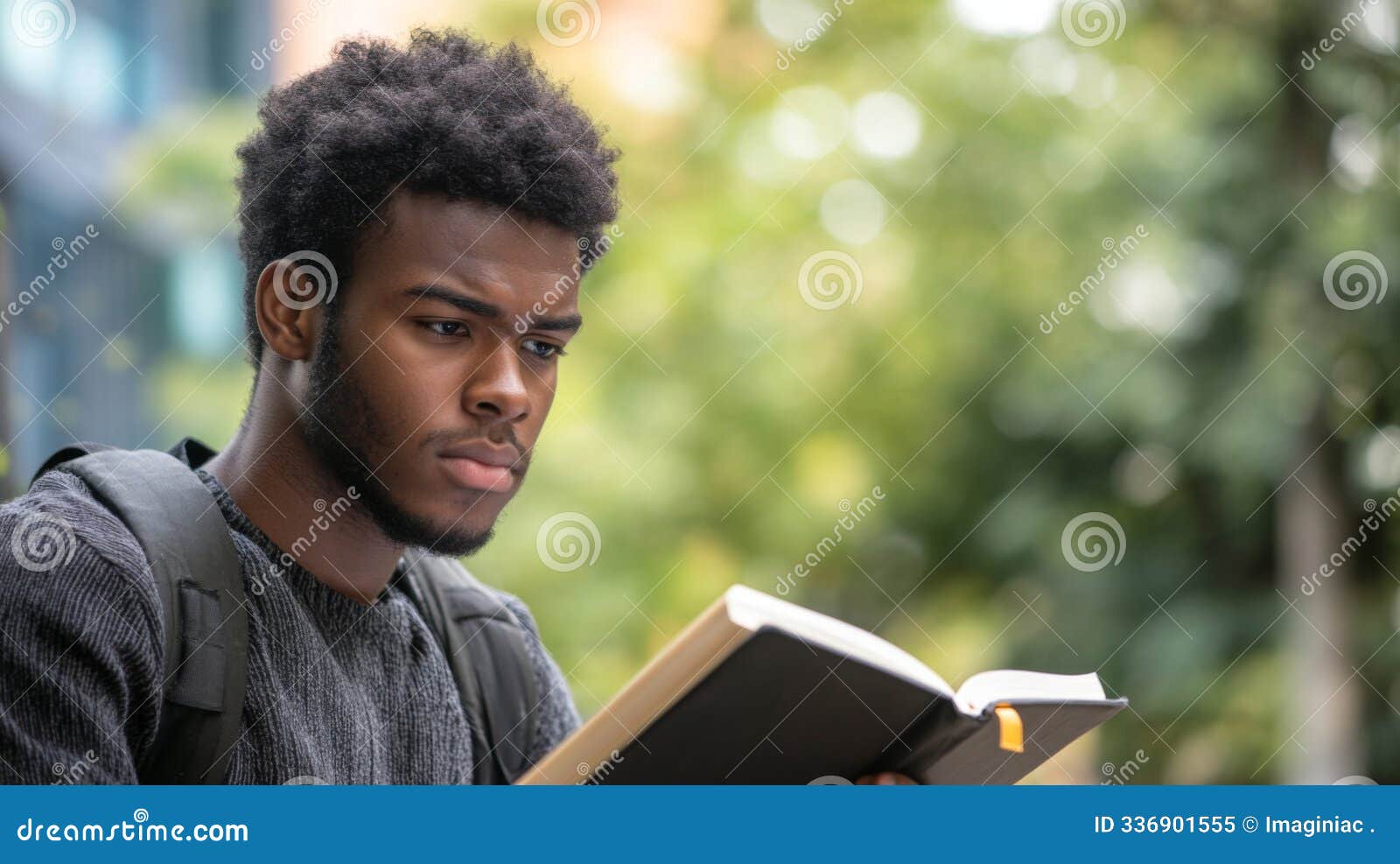 Young Black Man Reading a Book Outdoors Stock Illustration ...