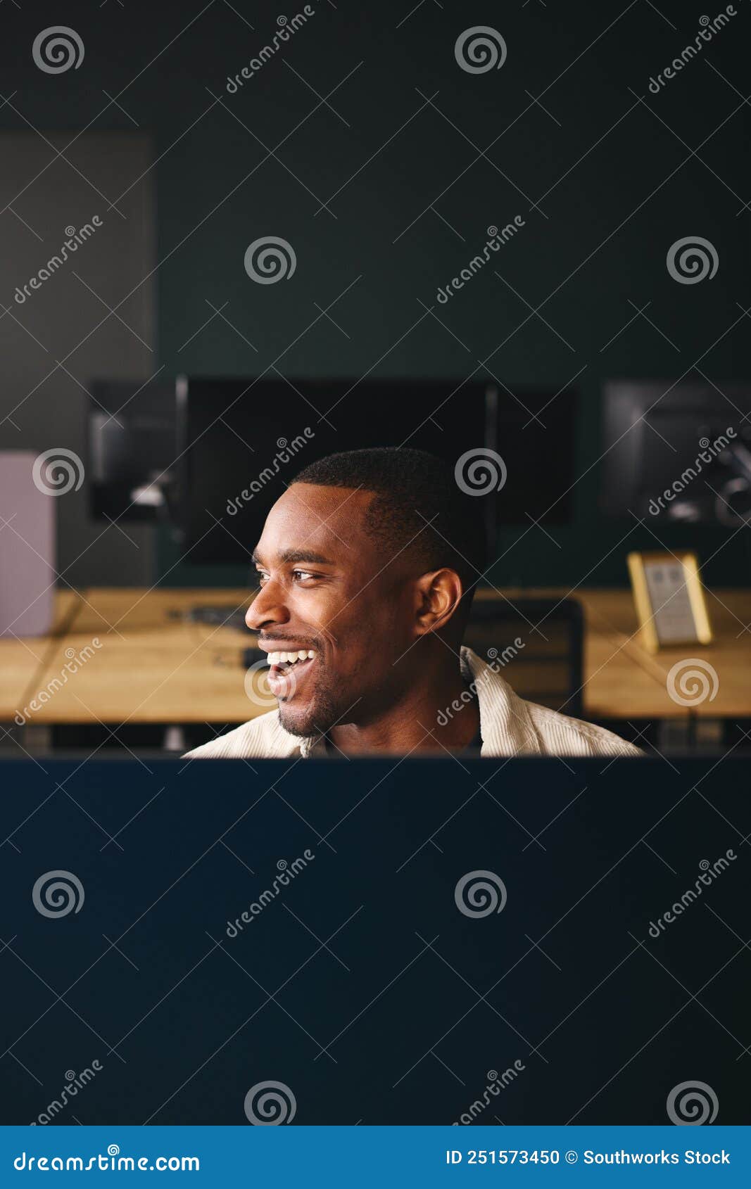 Young Black Man Working on Computer in Modern Office at Desk Stock ...