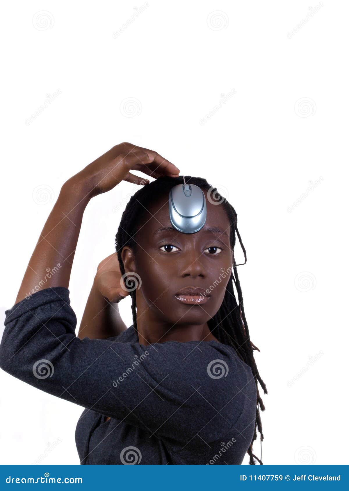 Young Black Woman With Computer Mouse On Head Stock Photo ...