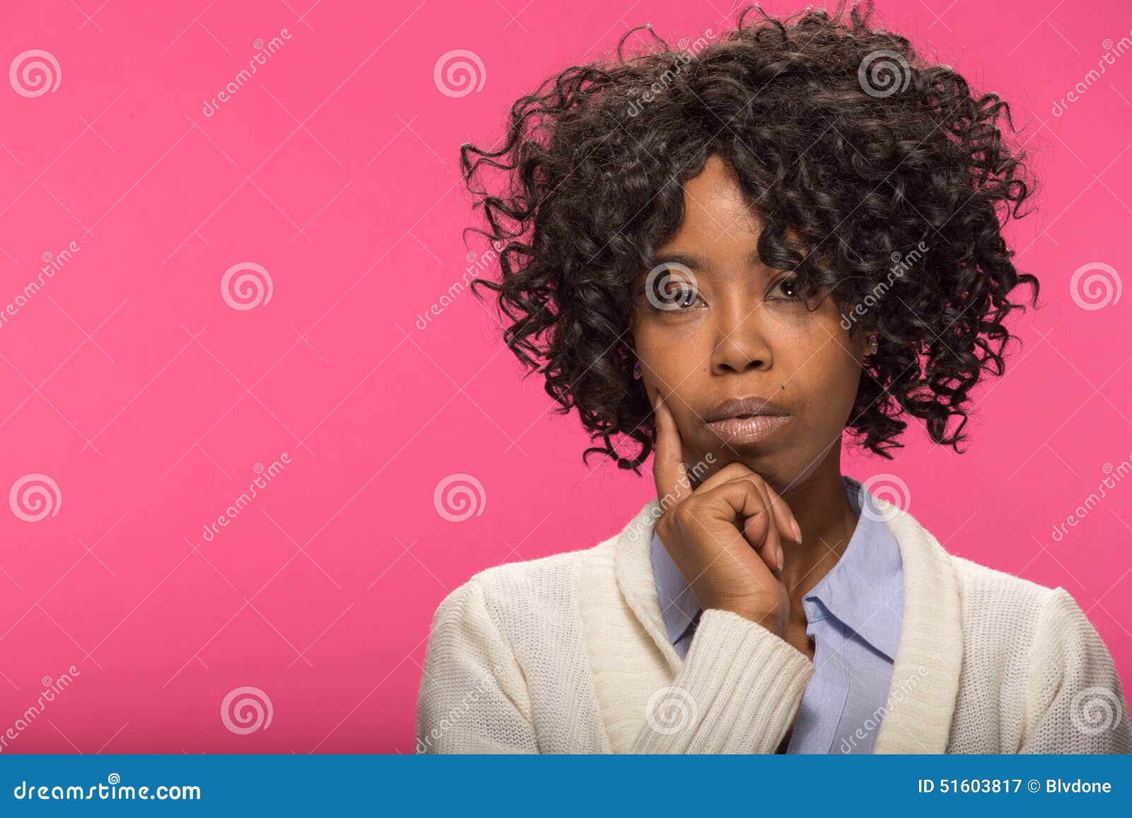 Young Black Woman Thinking Face Portrait Stock Image - Image of white ...