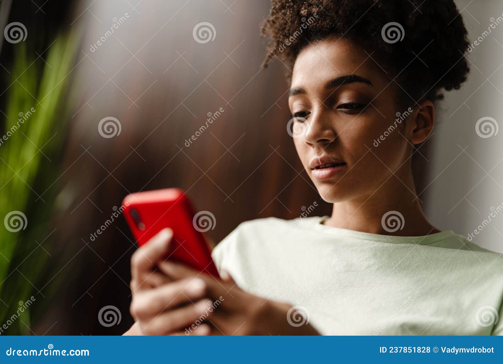 Young Black Woman Using Mobile Phone Standing at Home Stock Photo ...