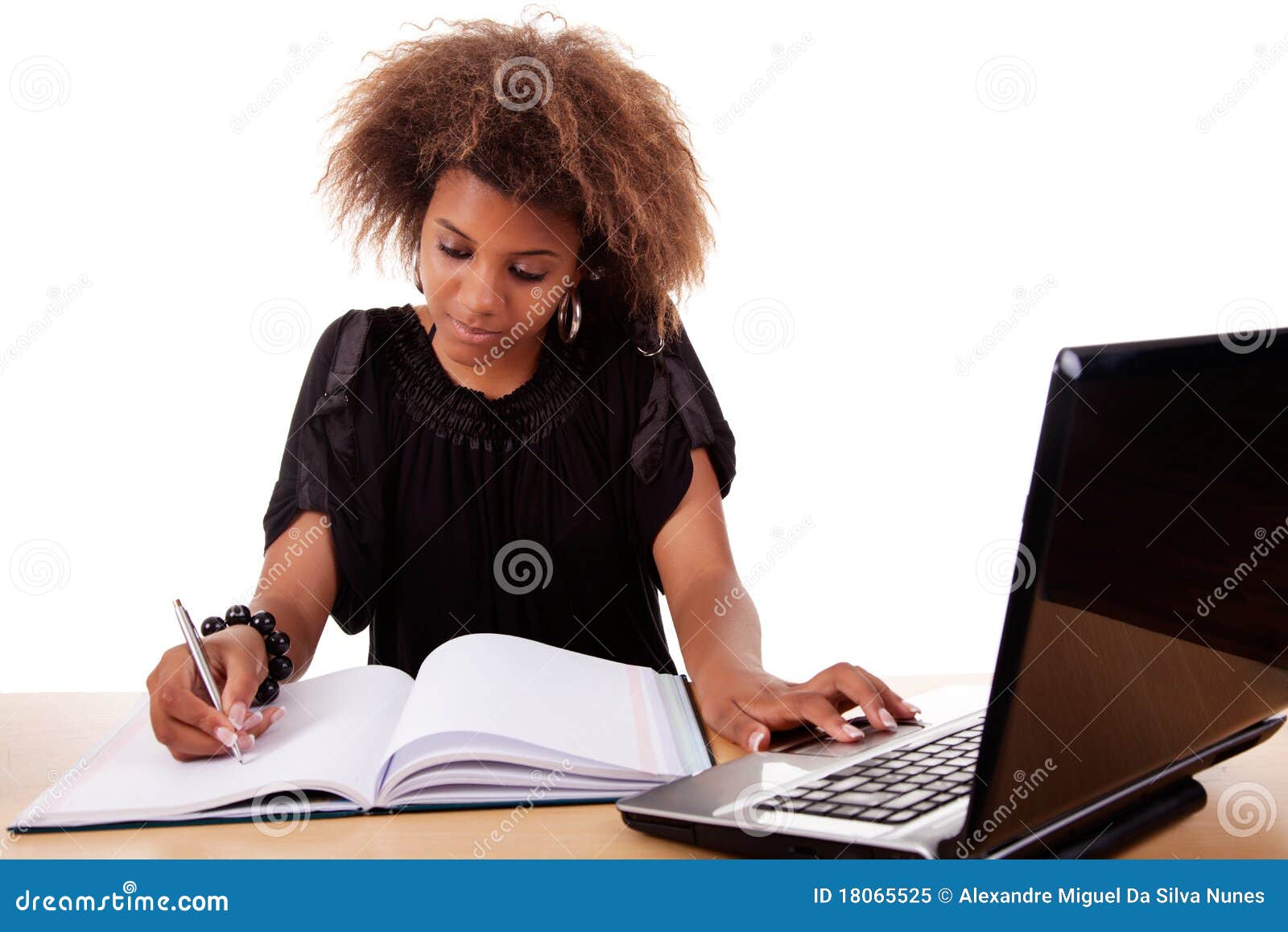 Young Black Women Working on Desk with Computer Stock Image - Image of ...