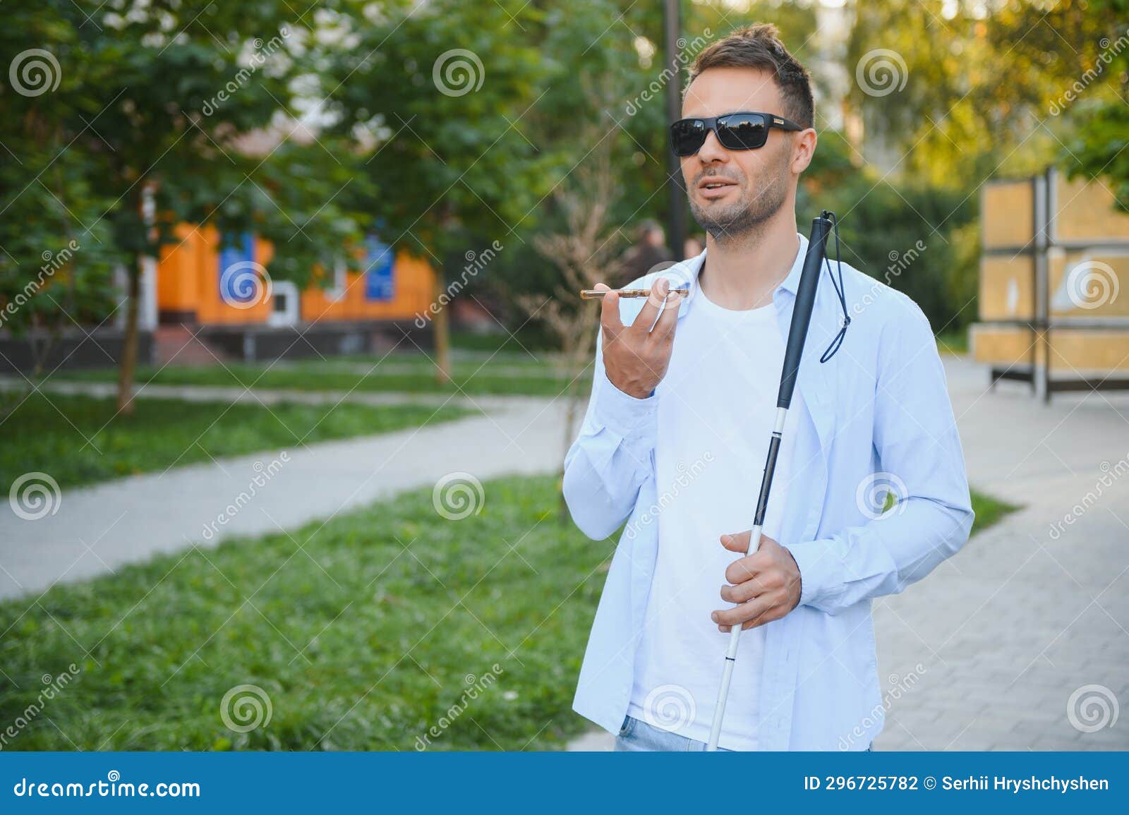 Young Blind Man with Smartphone in City, Calling Stock Photo - Image of ...