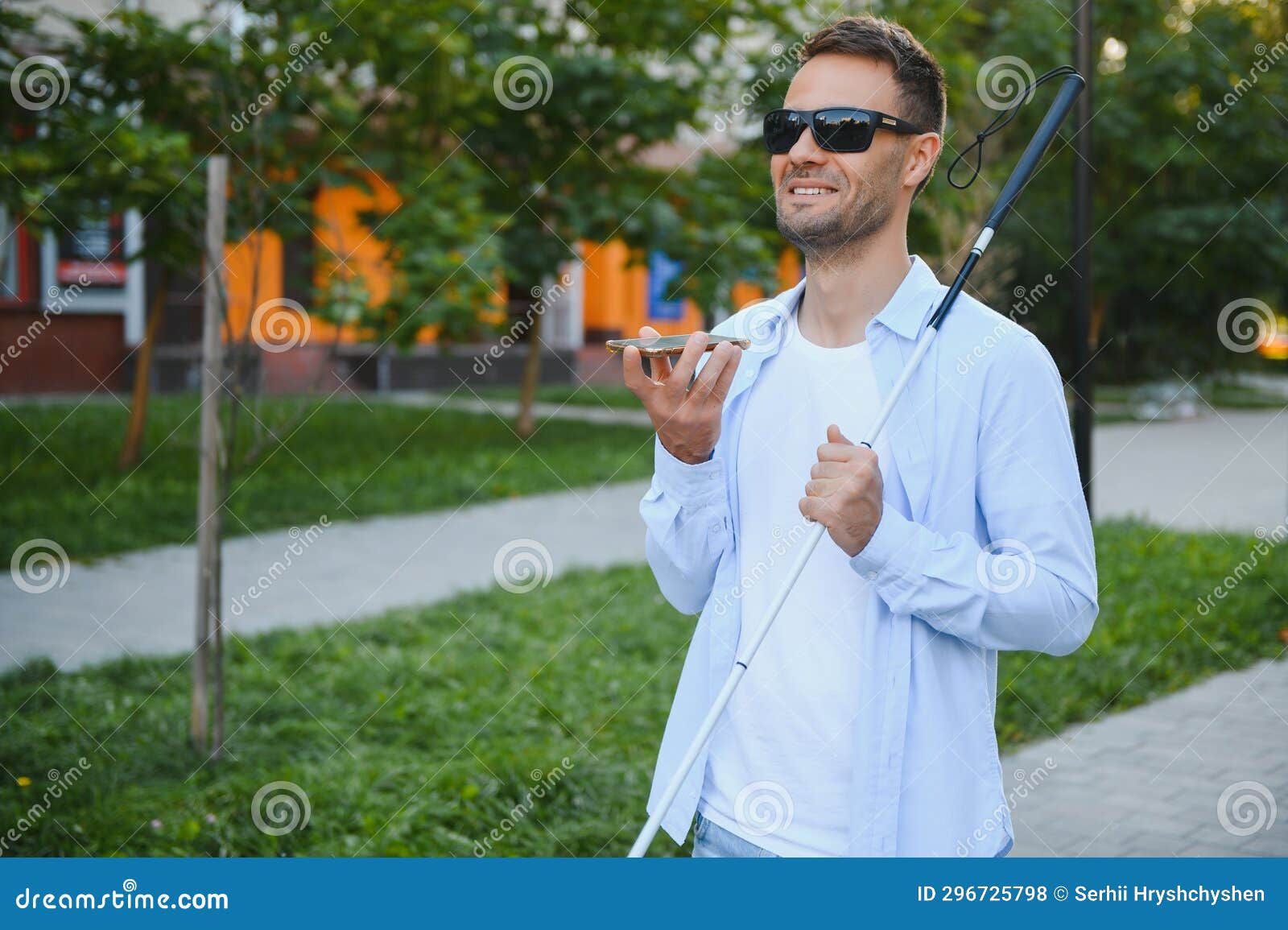Young Blind Man with Smartphone in City, Calling Stock Photo - Image of ...
