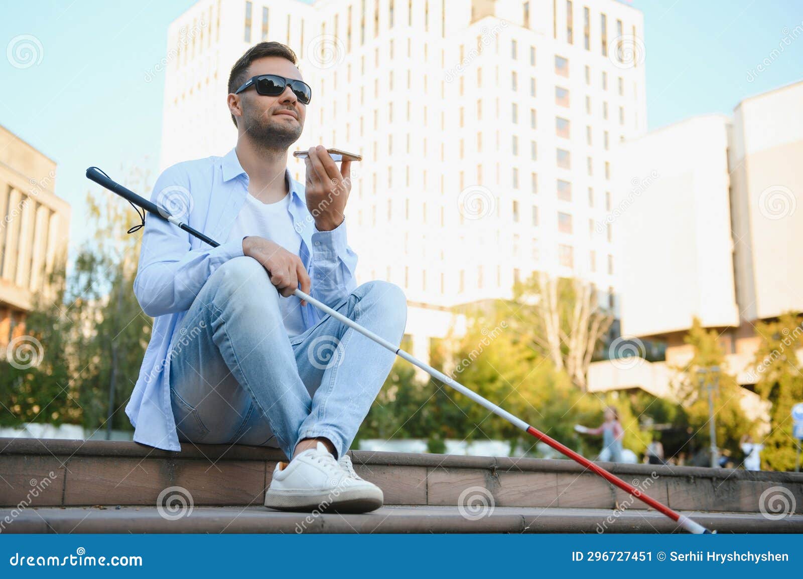 Young Blind Man with Smartphone in City, Calling Stock Image - Image of ...